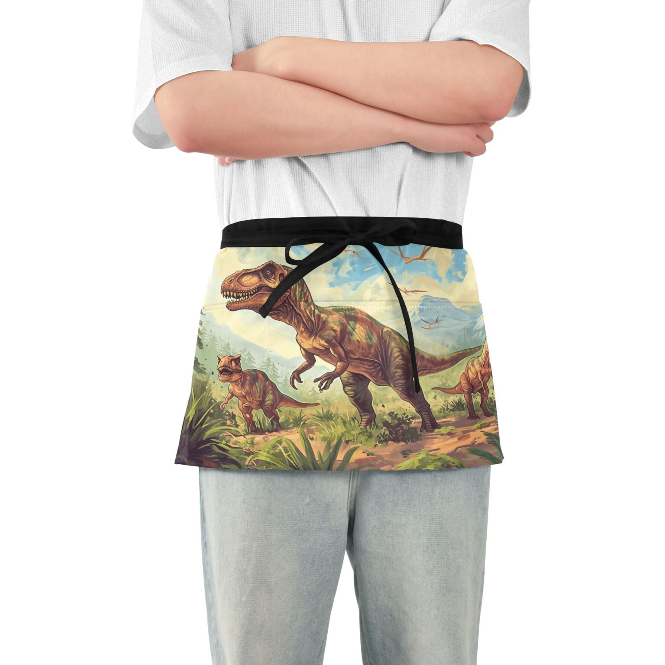 Tyrannosaurus and Pterodactyls in Jungle Server Apron with 3 Pockets Waterproof Waitress Waist ...