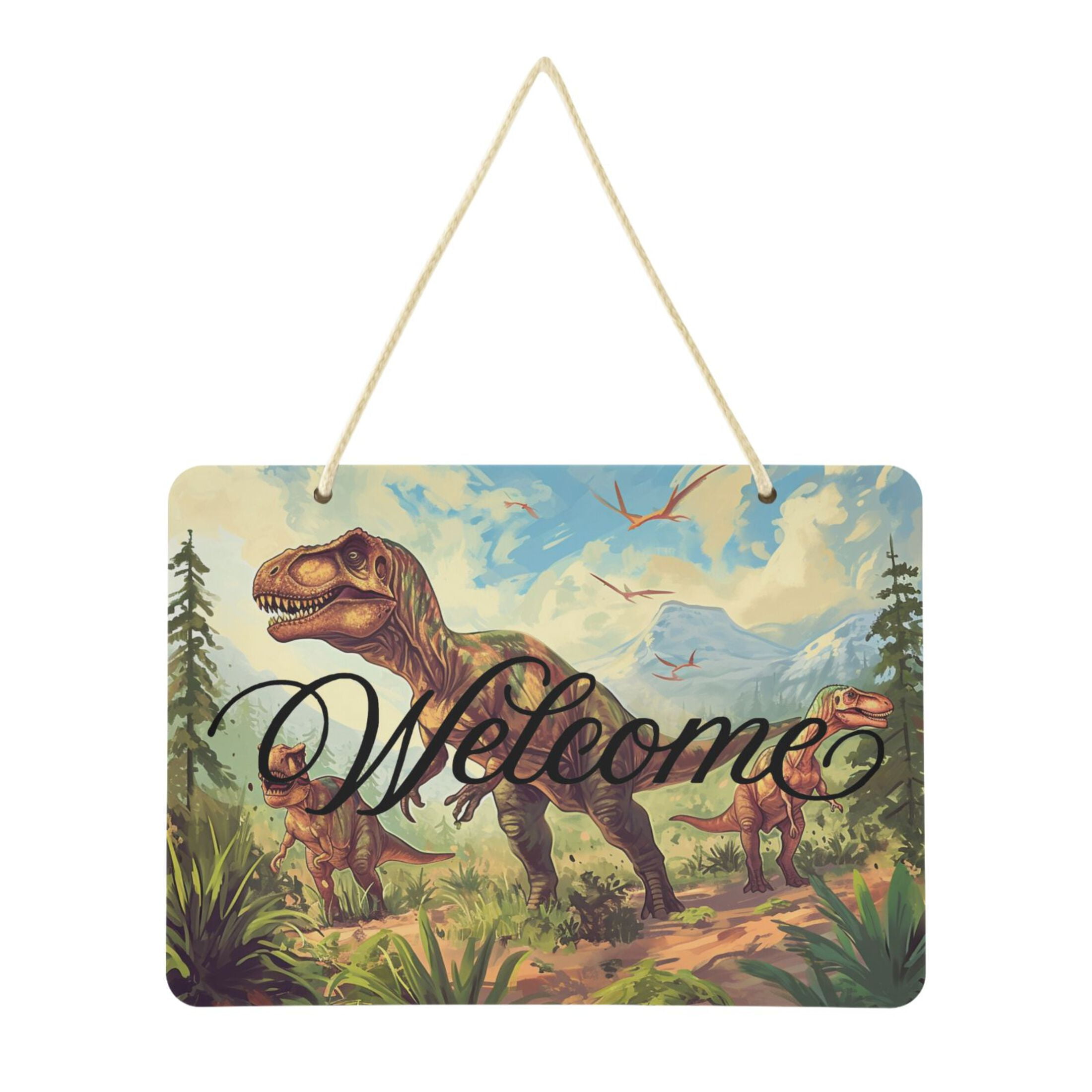 Tyrannosaurus and Pterodactyls in Jungle Welcome Sign Front Door PVC ...