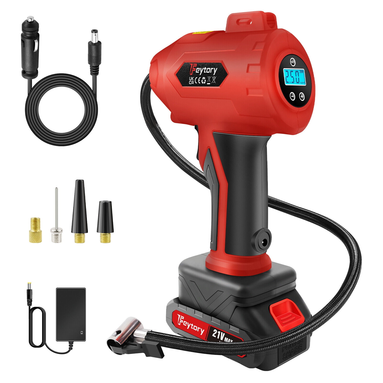 Tyre Inflator Cordless Air Compressor, 21V Rechargeable Battery Powered ...