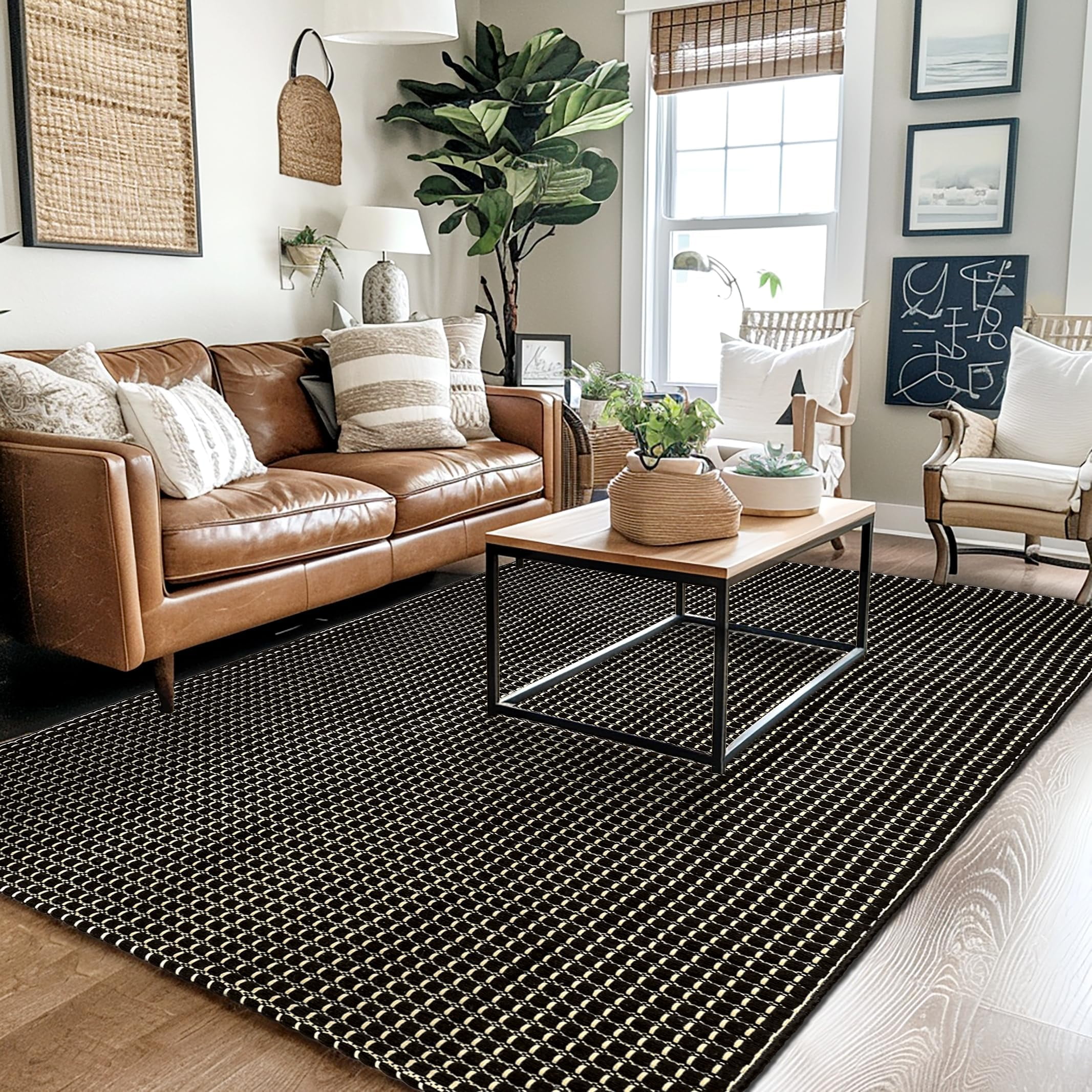 Tyrot Natural Cotton Woven Rugs 4x6 ft Washable Black Boho Reversible ...
