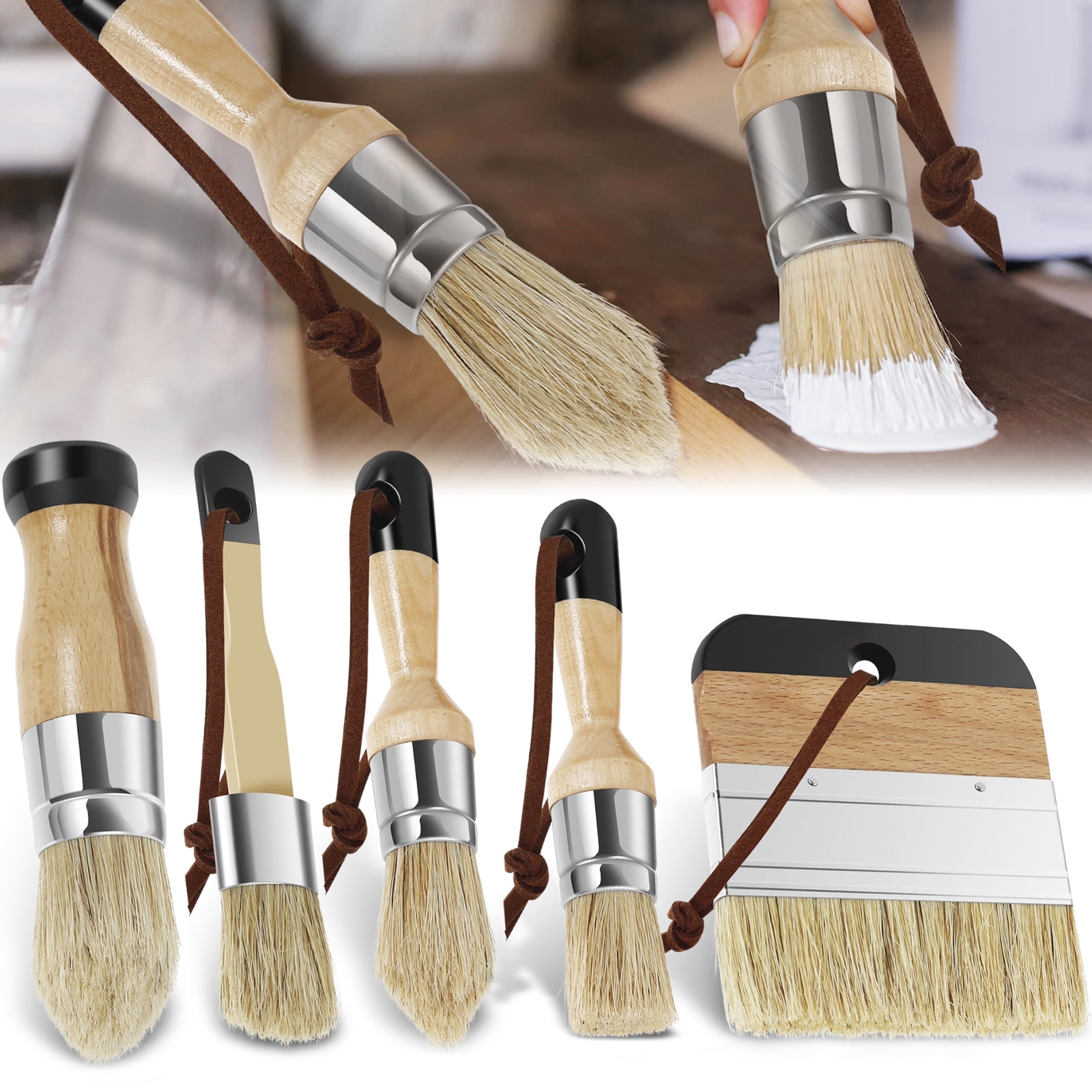 Tysrjsv 5pcs Wax Paint Brush Set Round Chalk Paint Brushes Natural ...