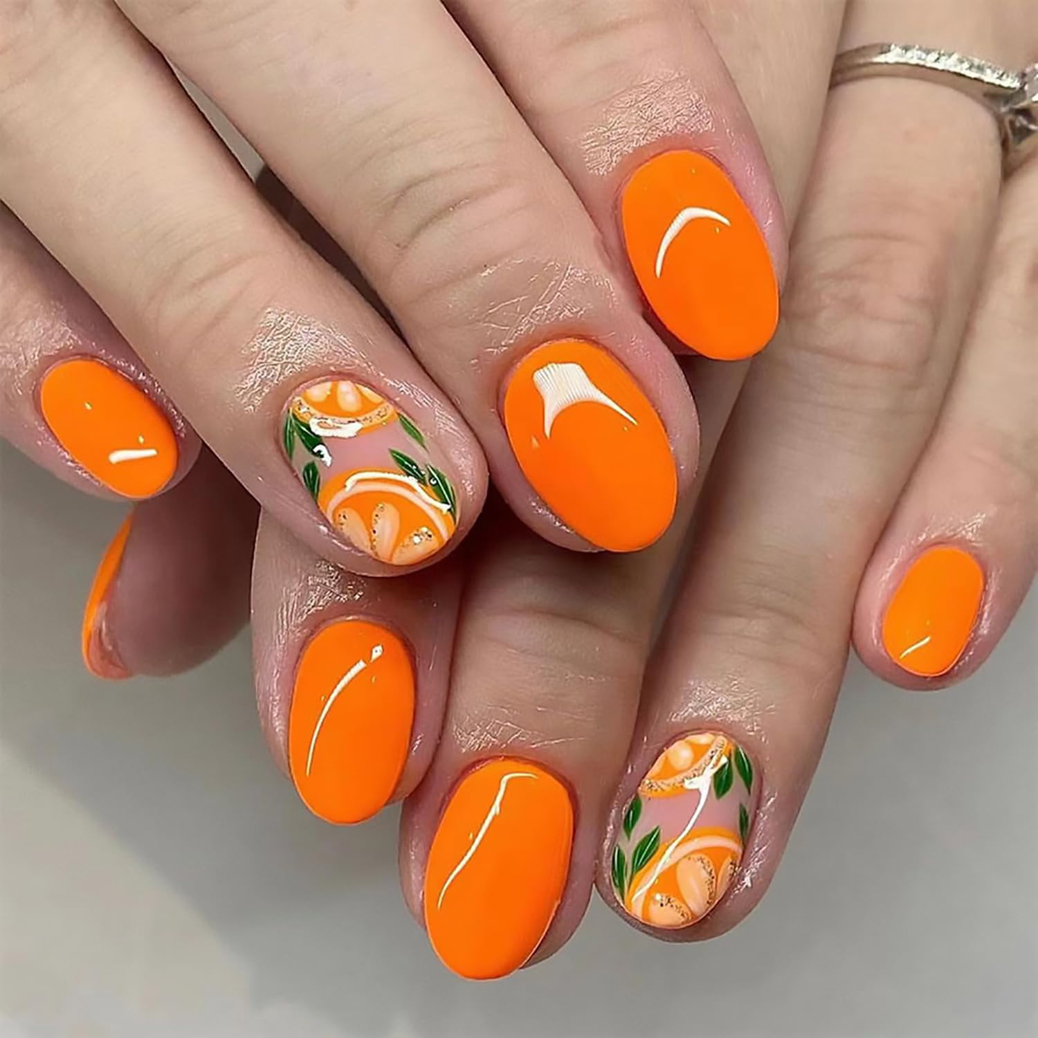 Tyuimhx Oranges Press on Nails Short Oval Fake Nails with Designs Fruit ...
