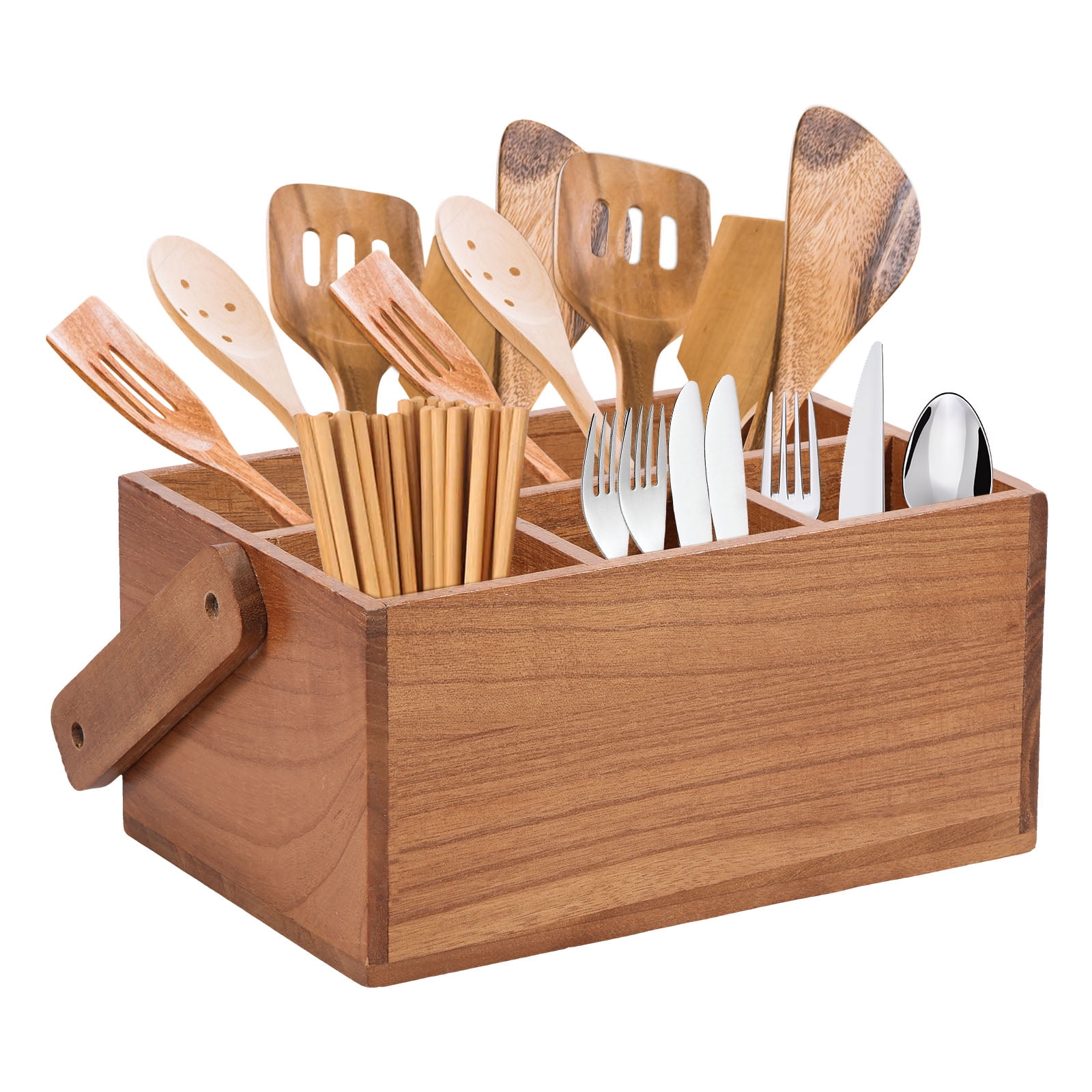 Tzdxfgl Wood Utensil Holder with Handle, Kitchen Silverware Caddy for ...