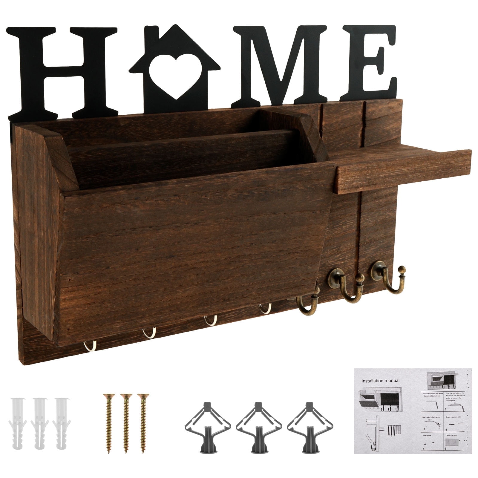 Tzgsonp Key Holder Wall Mounted Mail Organizer with 7 Key Hooks Wooden ...