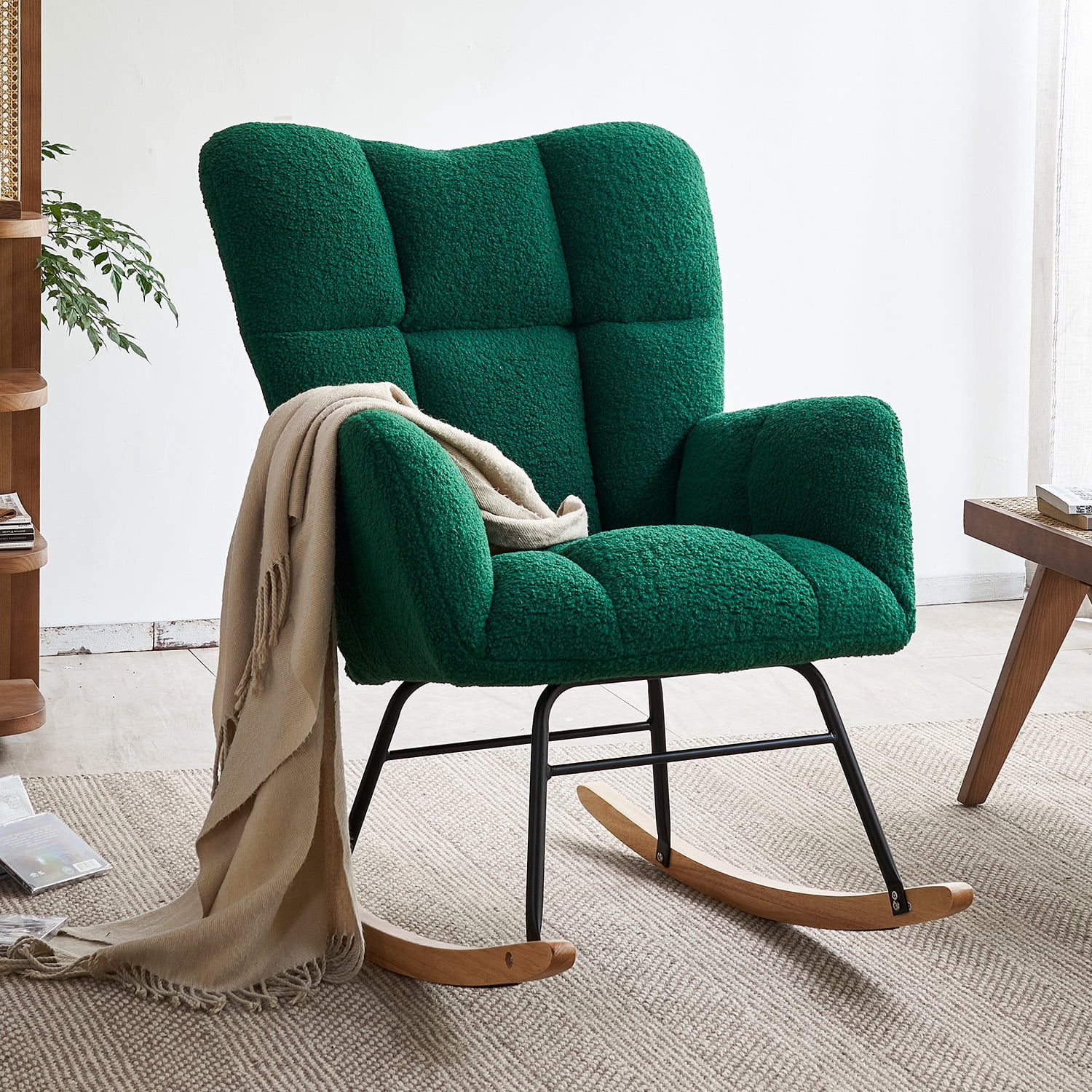 Tzicr Teddy Fabric Upholstered Nursery Rocking Chair, High Backrest ...