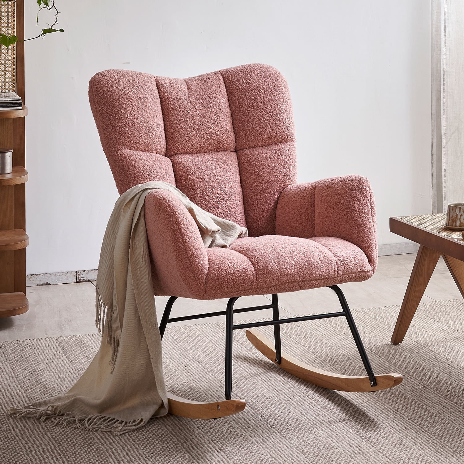 Tzicr Nursery High Backrest Teddy Velvet Upholstered Rocking Chair for ...