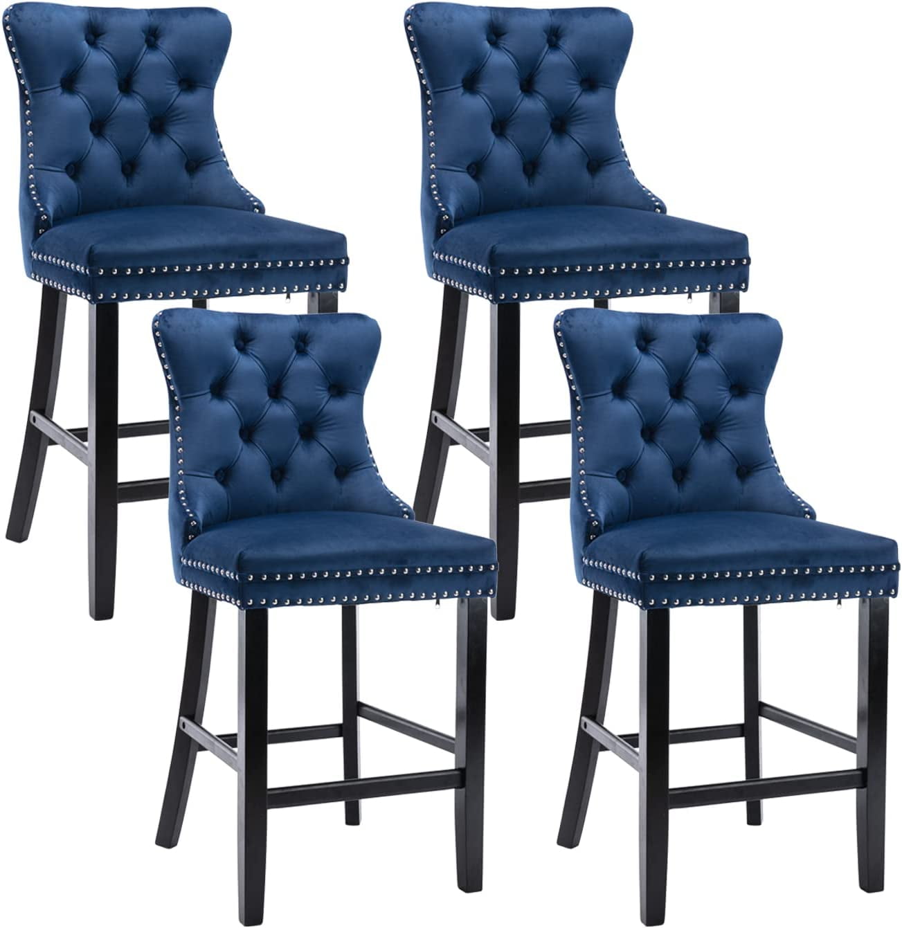 "Tzicr Velvet 27"" Bar Stools Set of 4, Solid Wood Legs, Button Decor ...