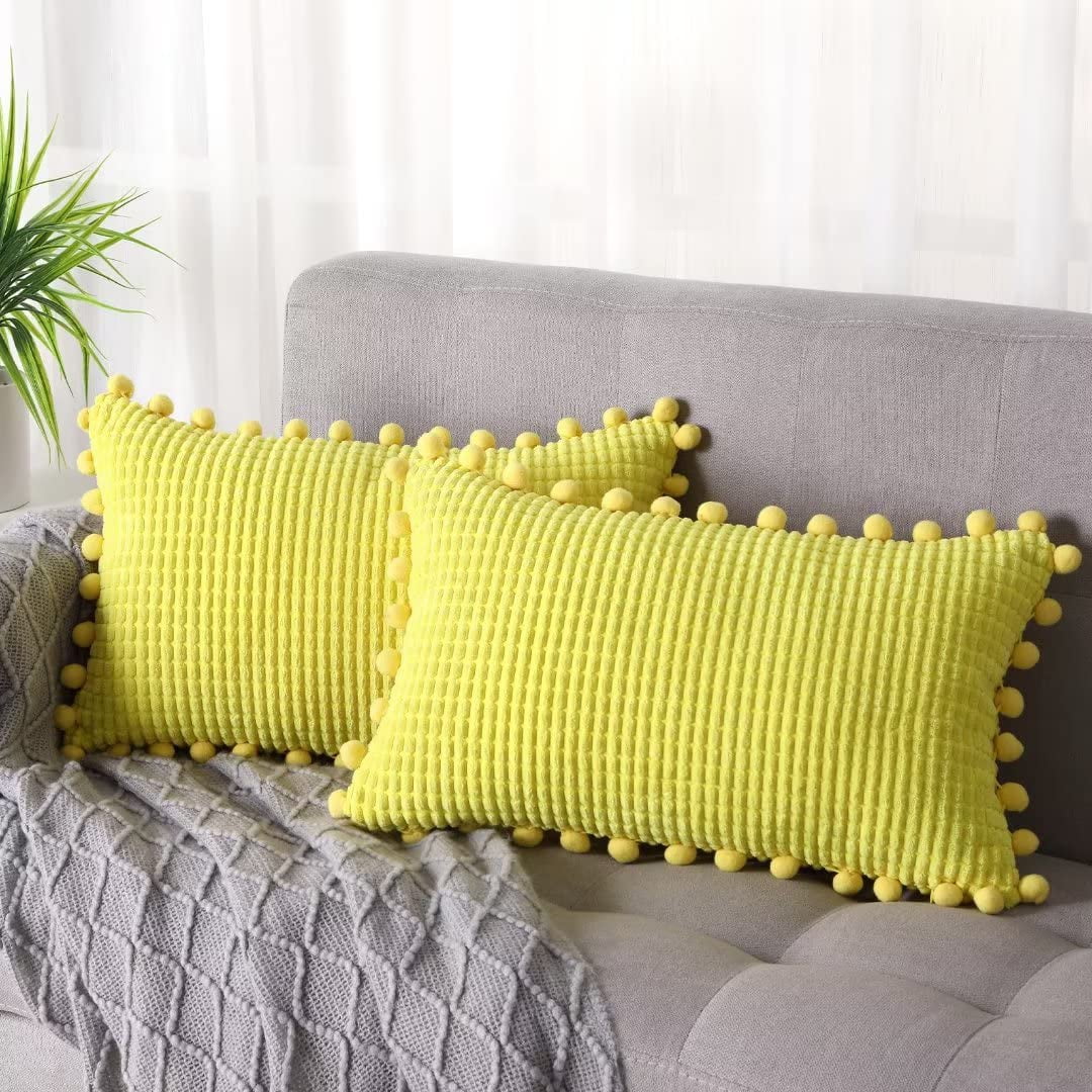 Tzou 2 Pack Throw Pillow Covers with Pom-poms, Soft Square/Rectangular Cushion Case Set for ...