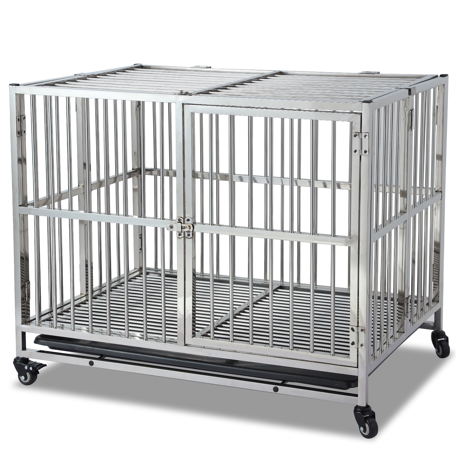 Tzou 38" Stainless Steel Dog Crate Cage Kennel with Wheels, Sturdy ...