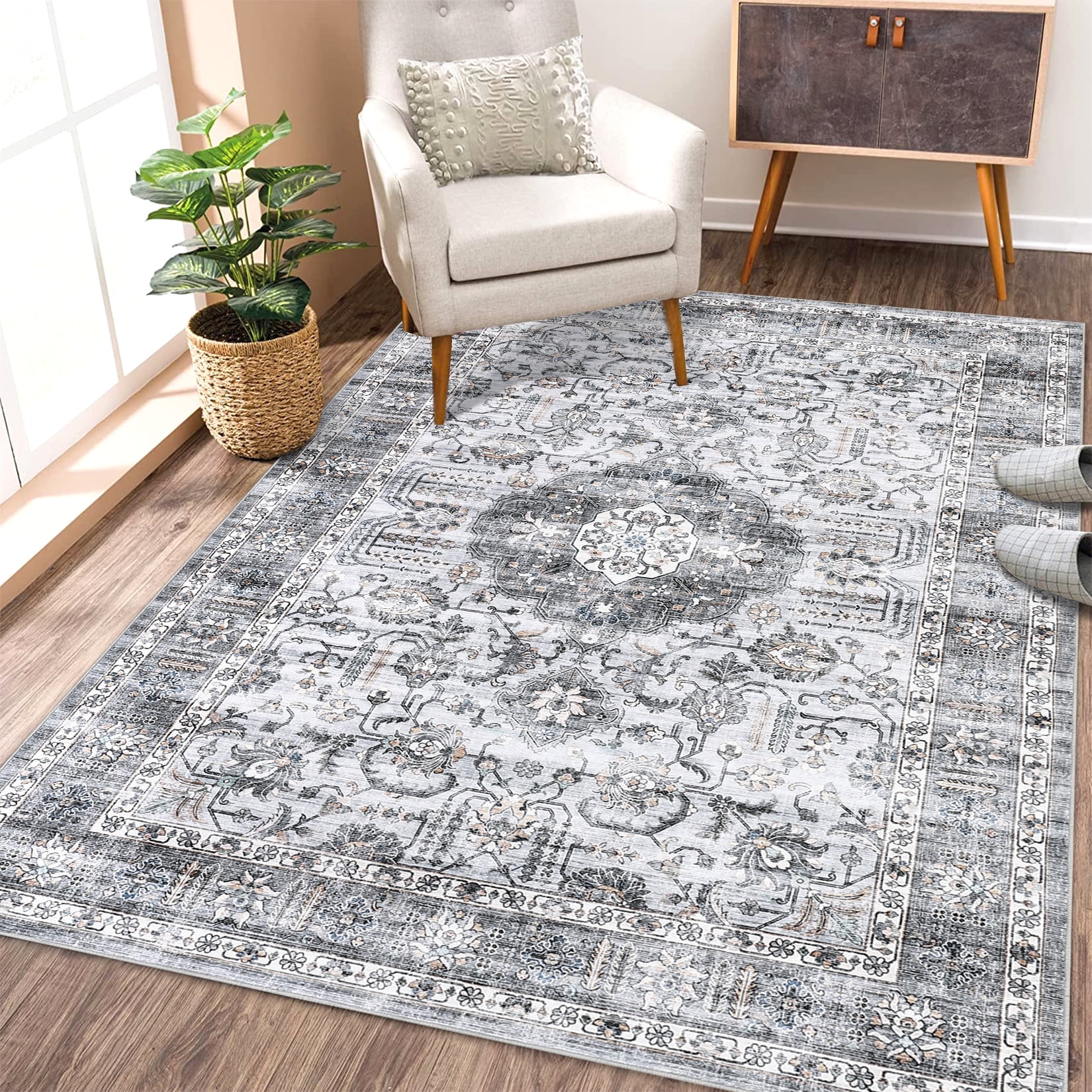 Tzou Area Rugs 5'x7' Vintage Medallion Distressed Anti-Slip Rubber ...