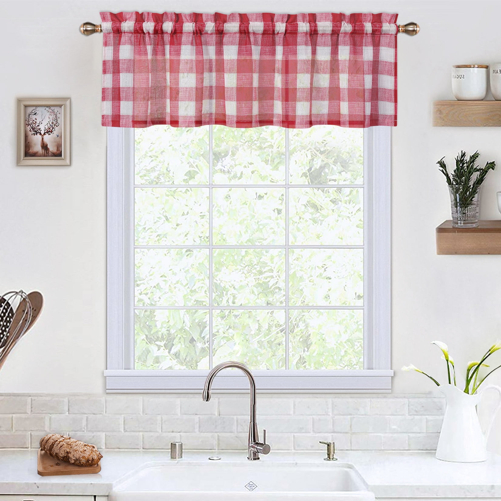 Tzou Cafe Sheer Curtain Valance, Farmhouse Plaid Check Short Kitchen ...