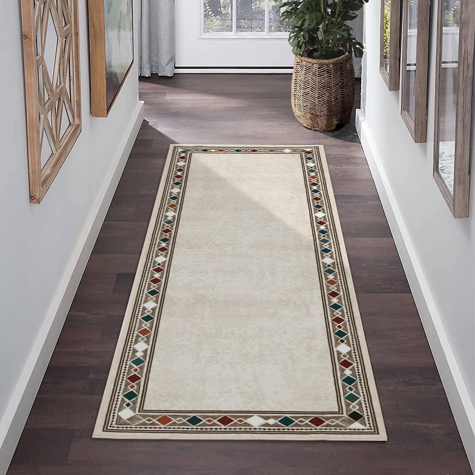 Tzou Elegant Geometric Border Runner Rugs 2x6, Super Soft Washable ...