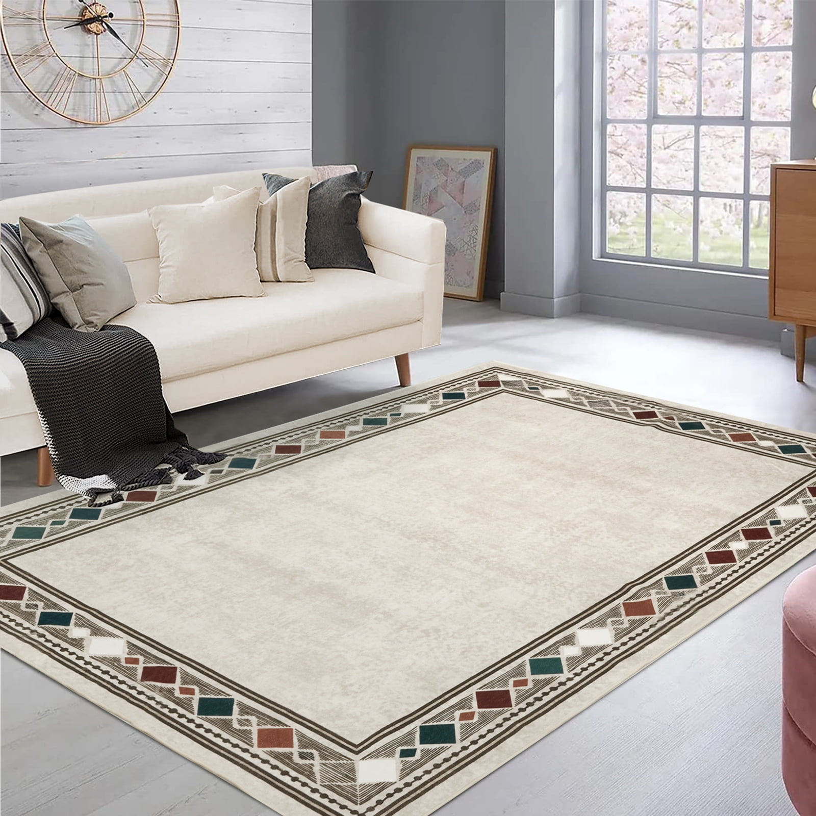 Tzou Large Elegant Geometric Border Area Rugs 8x10, Super Soft Washable ...