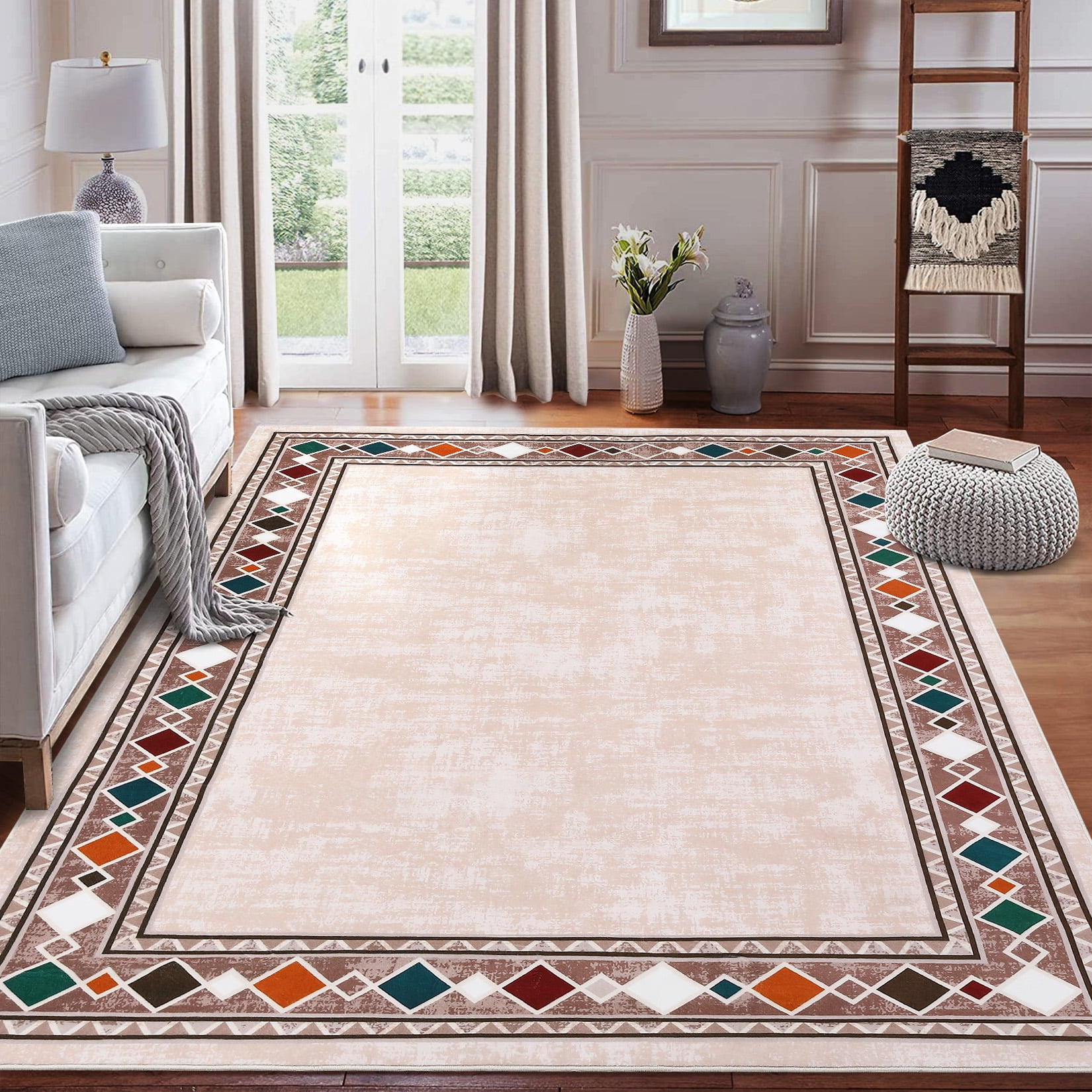 Tzou Modern Bordered 5x7 Non-Slip Washable Area Rugs with TPR Rubber ...