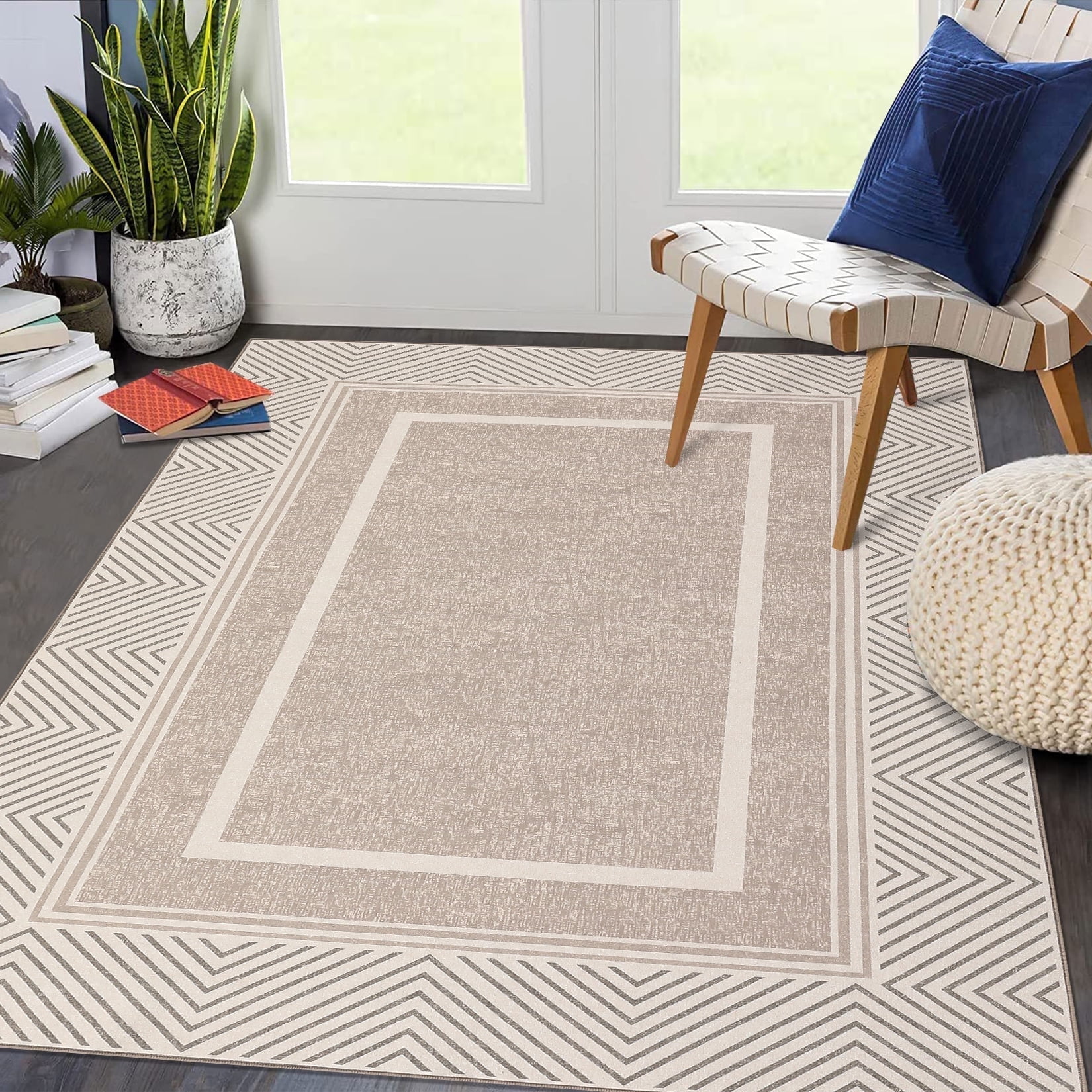 Tzou Modern Bordered Contemporary Line Washable Area Rugs 6'x9' with ...