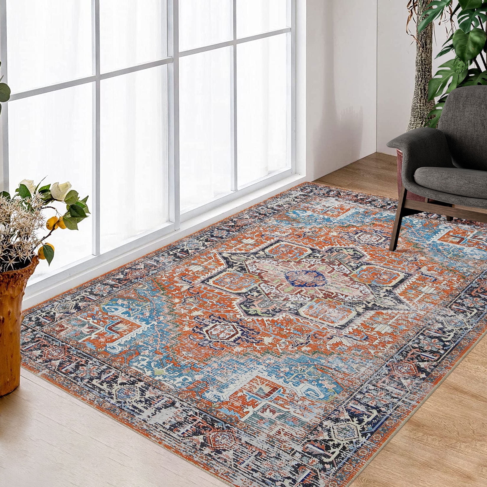 Tzou Persian 8x10 Large Washable Rug, Anti Slip Mat, Vintage Soft ...