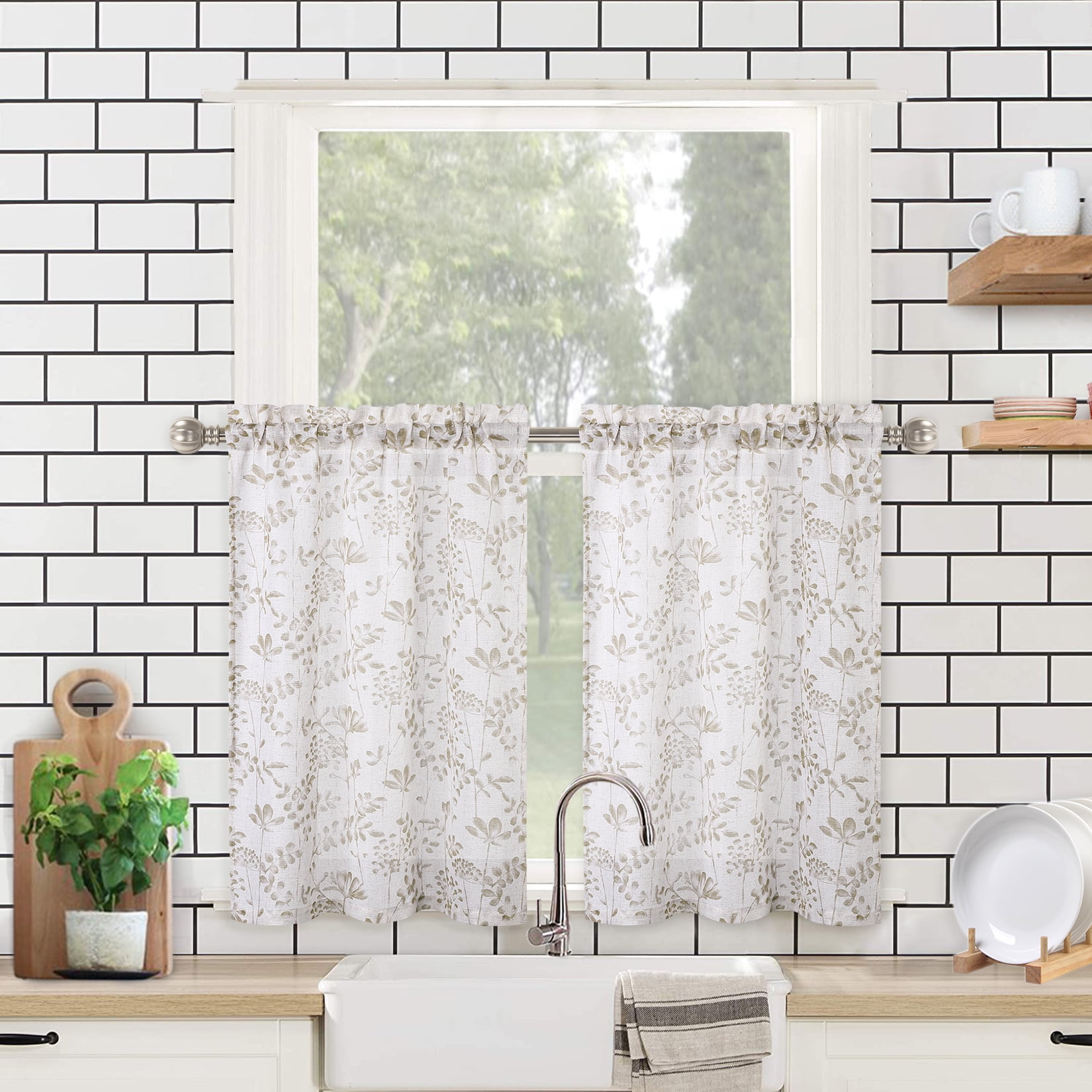 Tzou Sheer Kitchen Curtains Floral Printed Short Curtains for Laundry ...