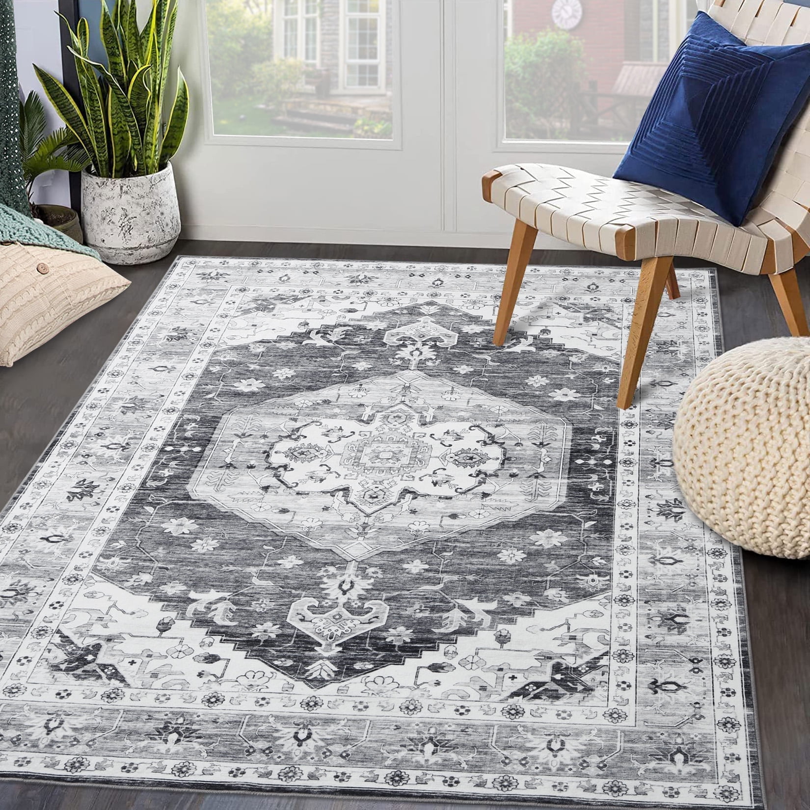 Tzou Vintage Floral Low Profile Area Rug 3x5 for Entryway Bedroom ...