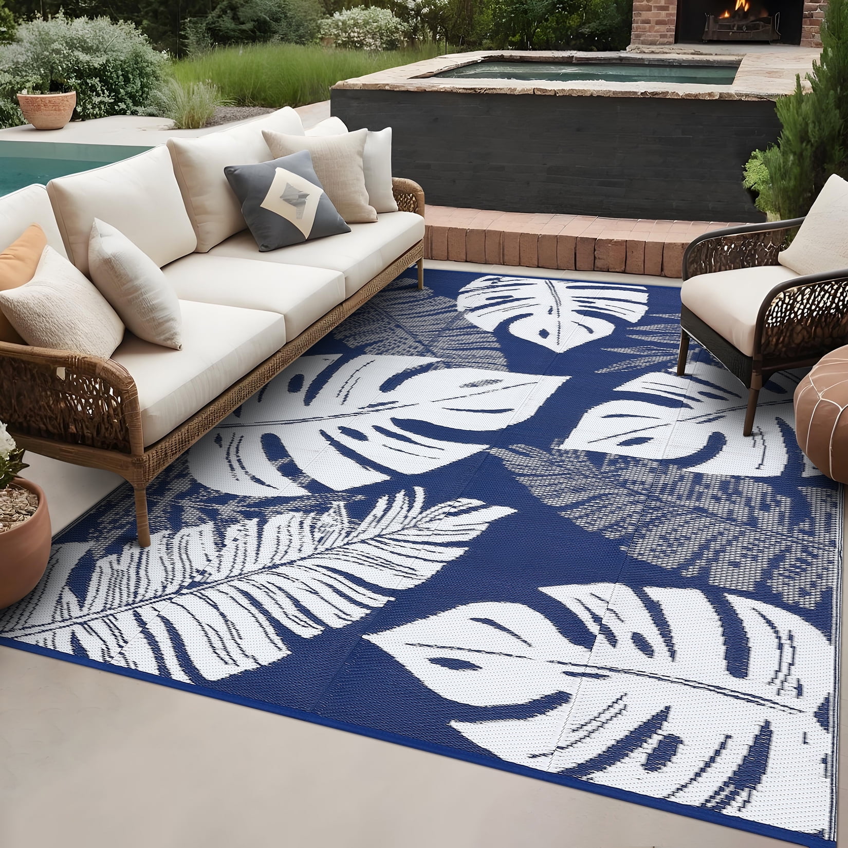 Tzou Waterproof Reversible Outdoor Rug 9 x 12ft Tropical Palm Design ...
