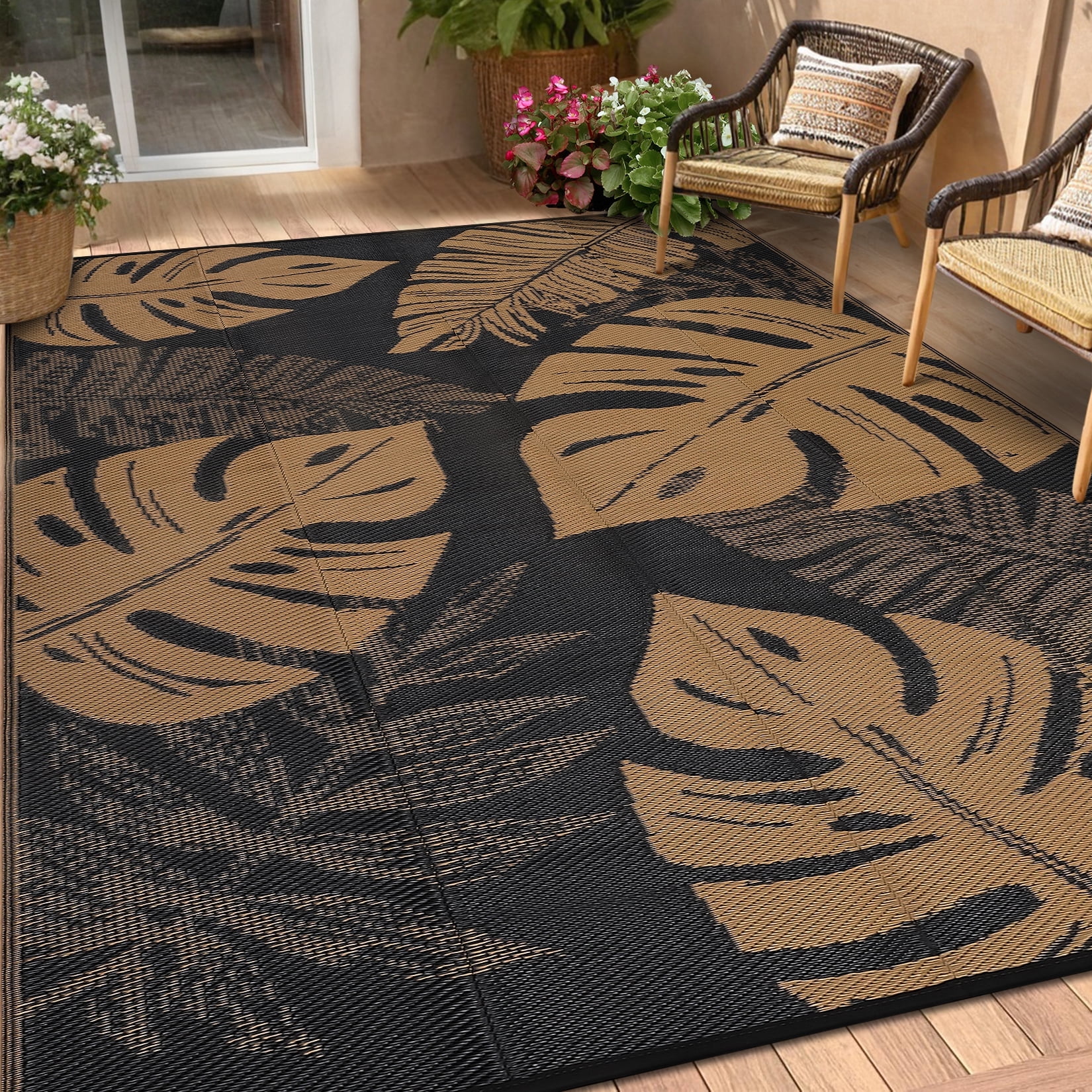 Tzou Waterproof Reversible Outdoor Rug 9 x 12ft Tropical Palm Design ...