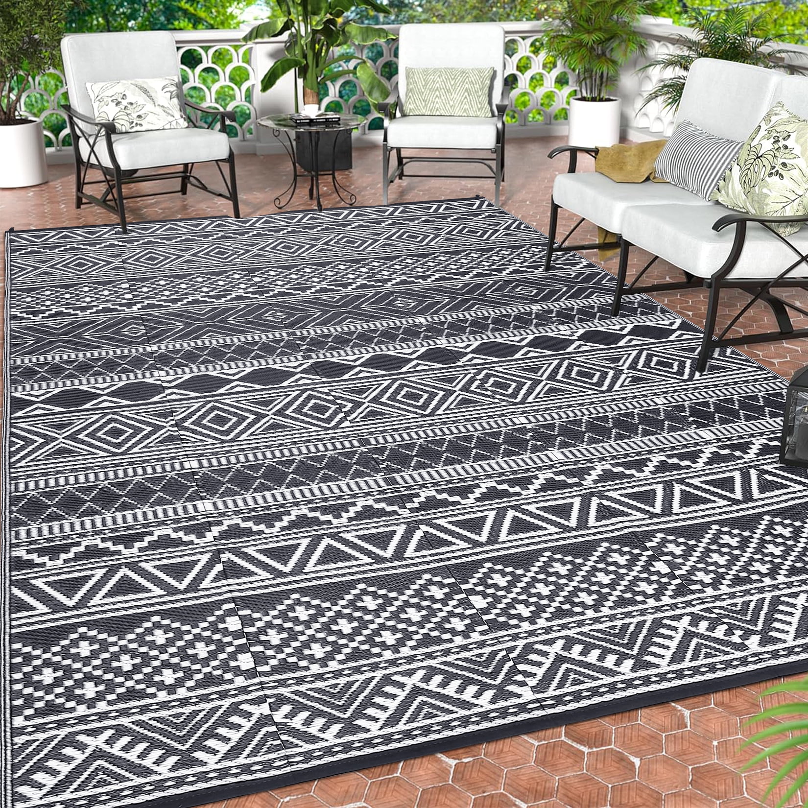 Tzou Waterproof Rugs 8x10ft Reversible Outdoor Rug for Patio, RV and ...