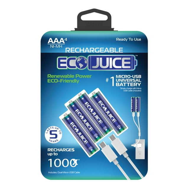 Tzumi EcoJuice Rechargeable AAA Micro-USB Universal Battery, 4 pack ...