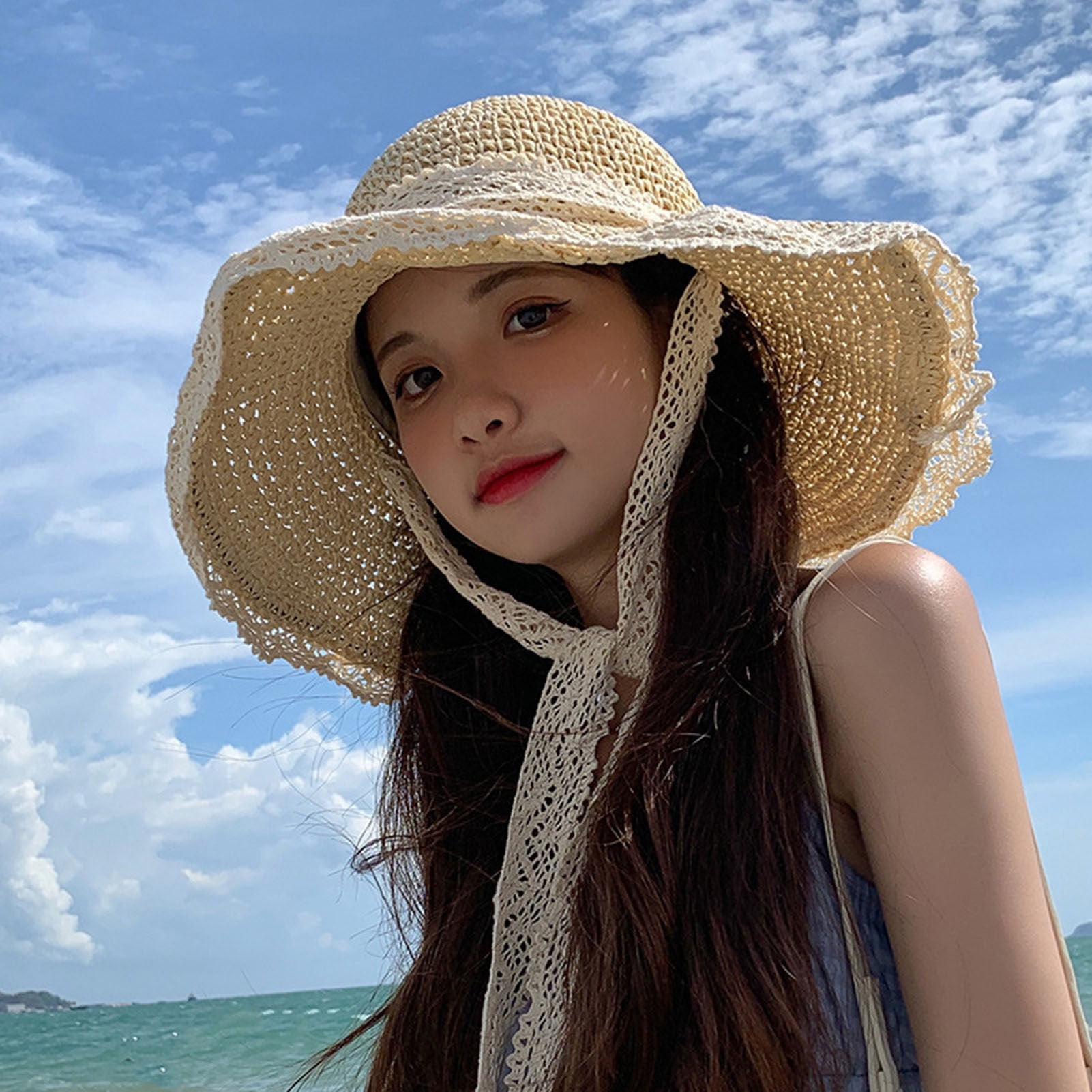 Tzyhgyho Sun Hat Lace Trim Tied Up Round Dome Hat Big Brim Floppy ...