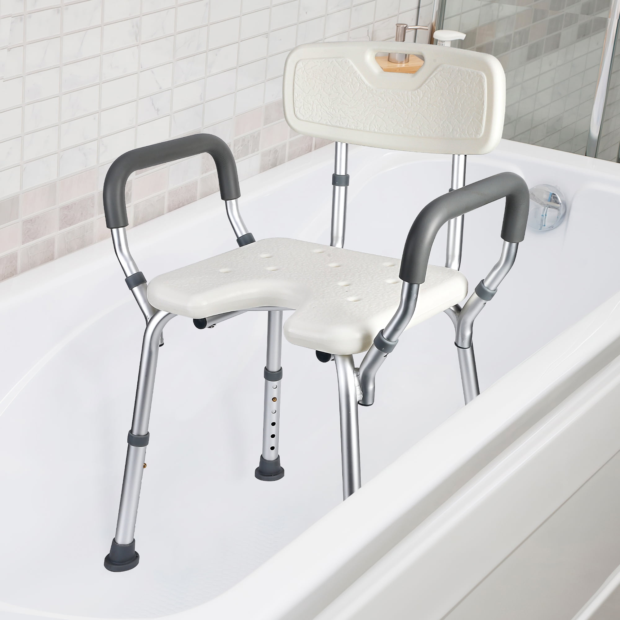 U Adjustable Height Shower Chair with Padded Armrests – Slip-Resistant ...