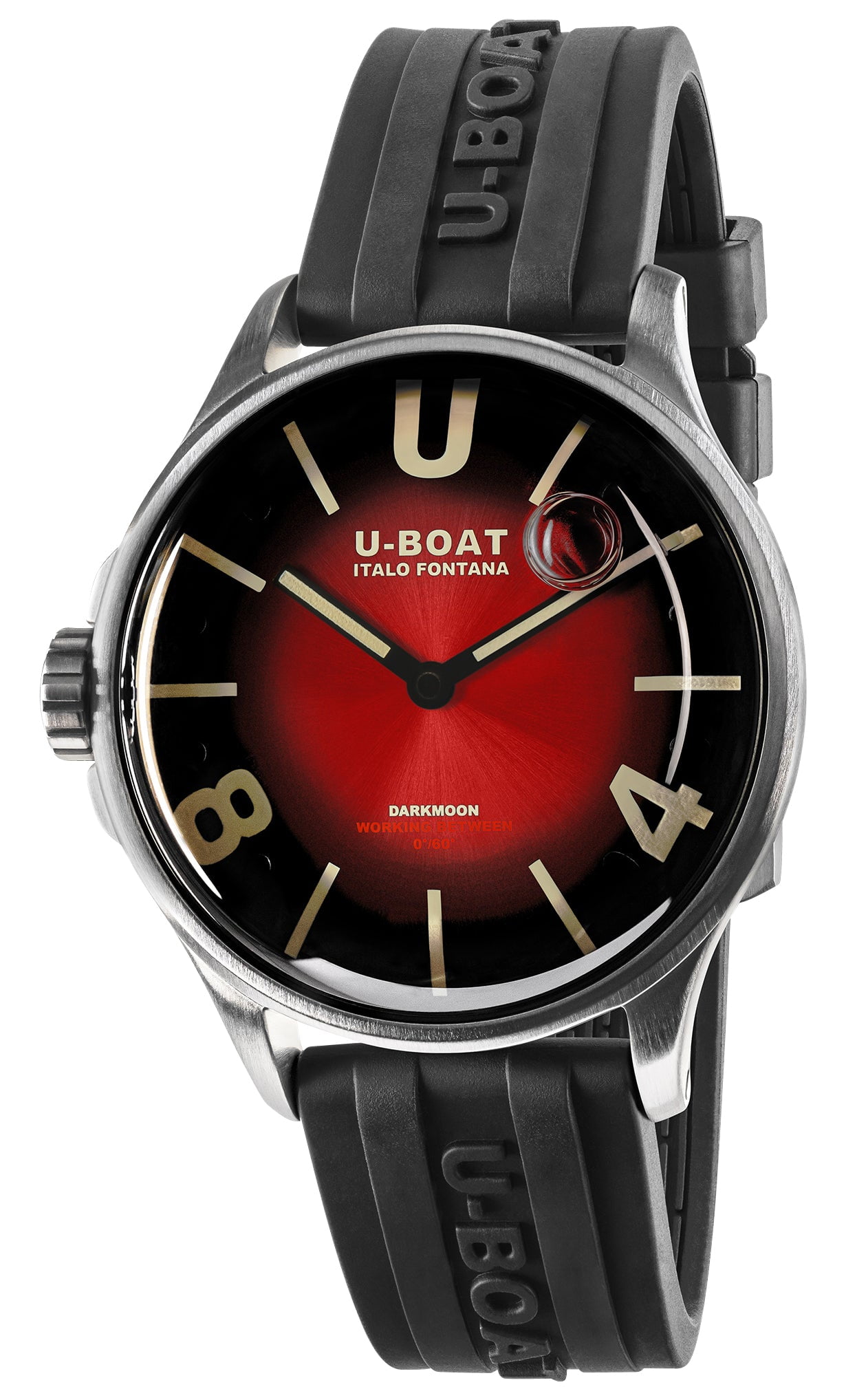 U-Boat Darkmoon Stainless Steel Red Dial Black Rubber Strap Quartz Mens ...
