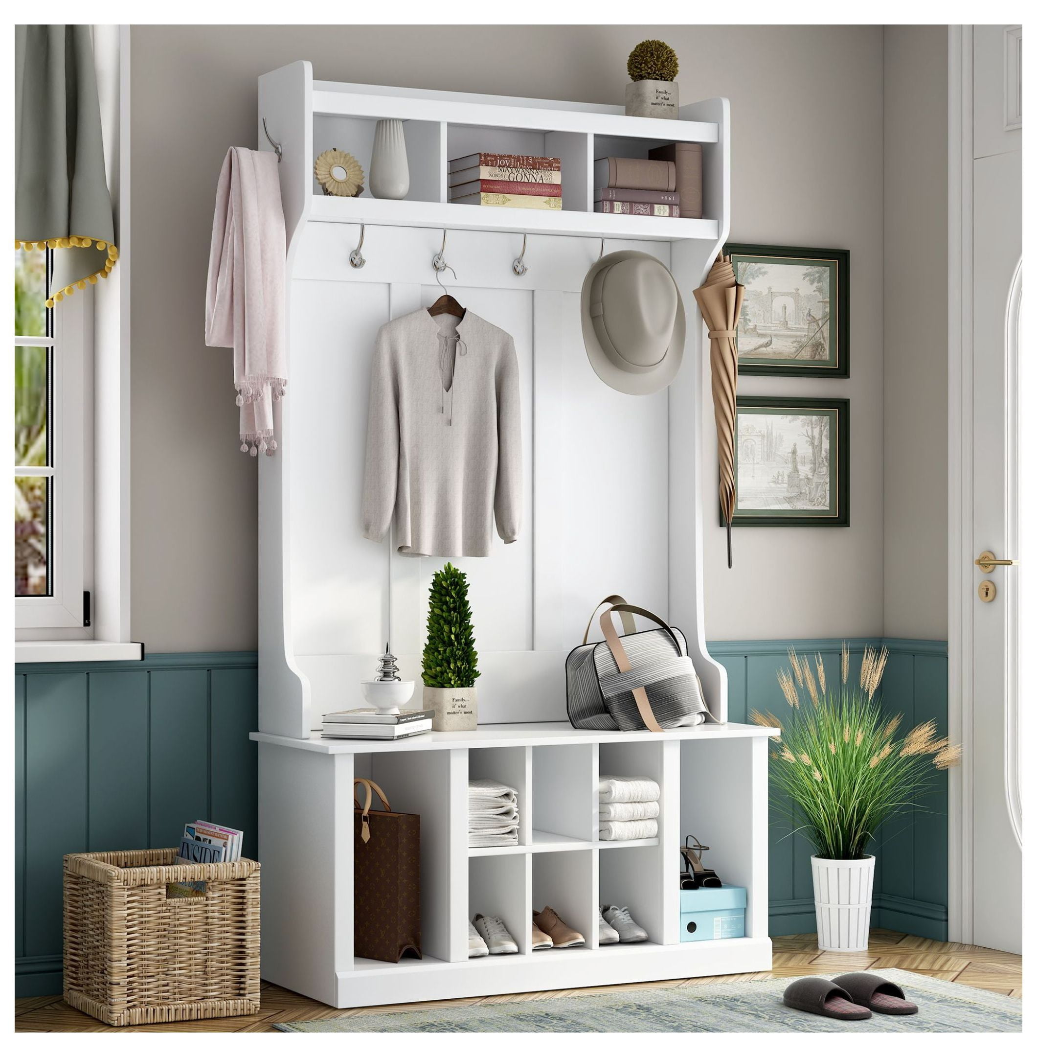 U-Can Hall Tree with 6 , Coat Hanger, Entryway Bench, Storage Bench, 3 ...