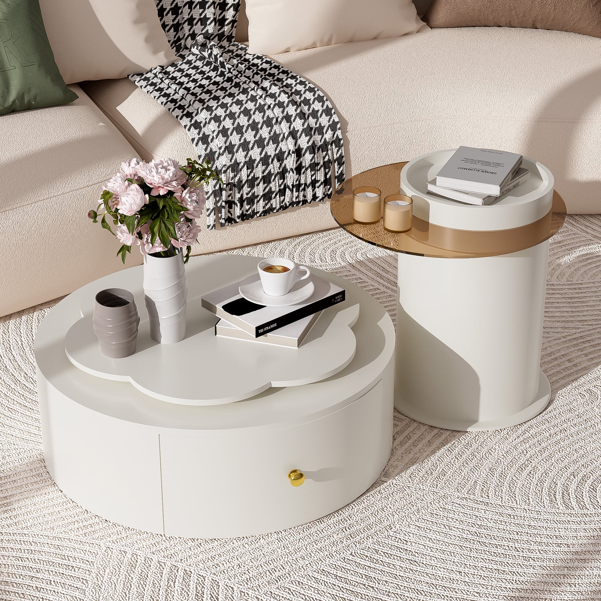 U-Can Modern Round Coffee Table Set of 2 , 360-Degree Rotatable Flower ...