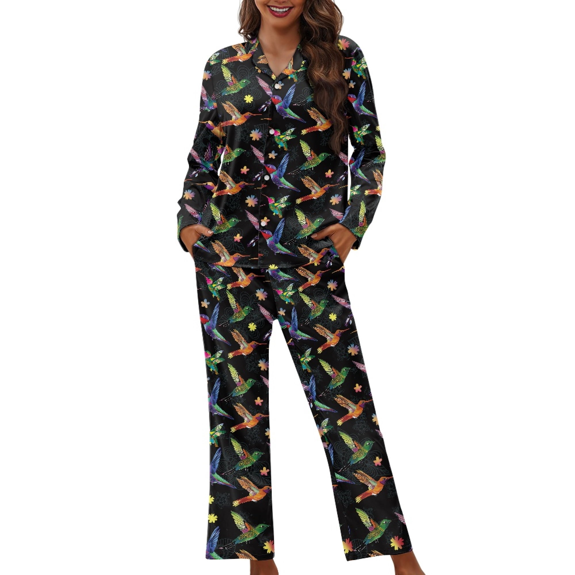 FOR U DESIGNS Black Hummingbird Pajama Sets for Women 2 Piece Button ...