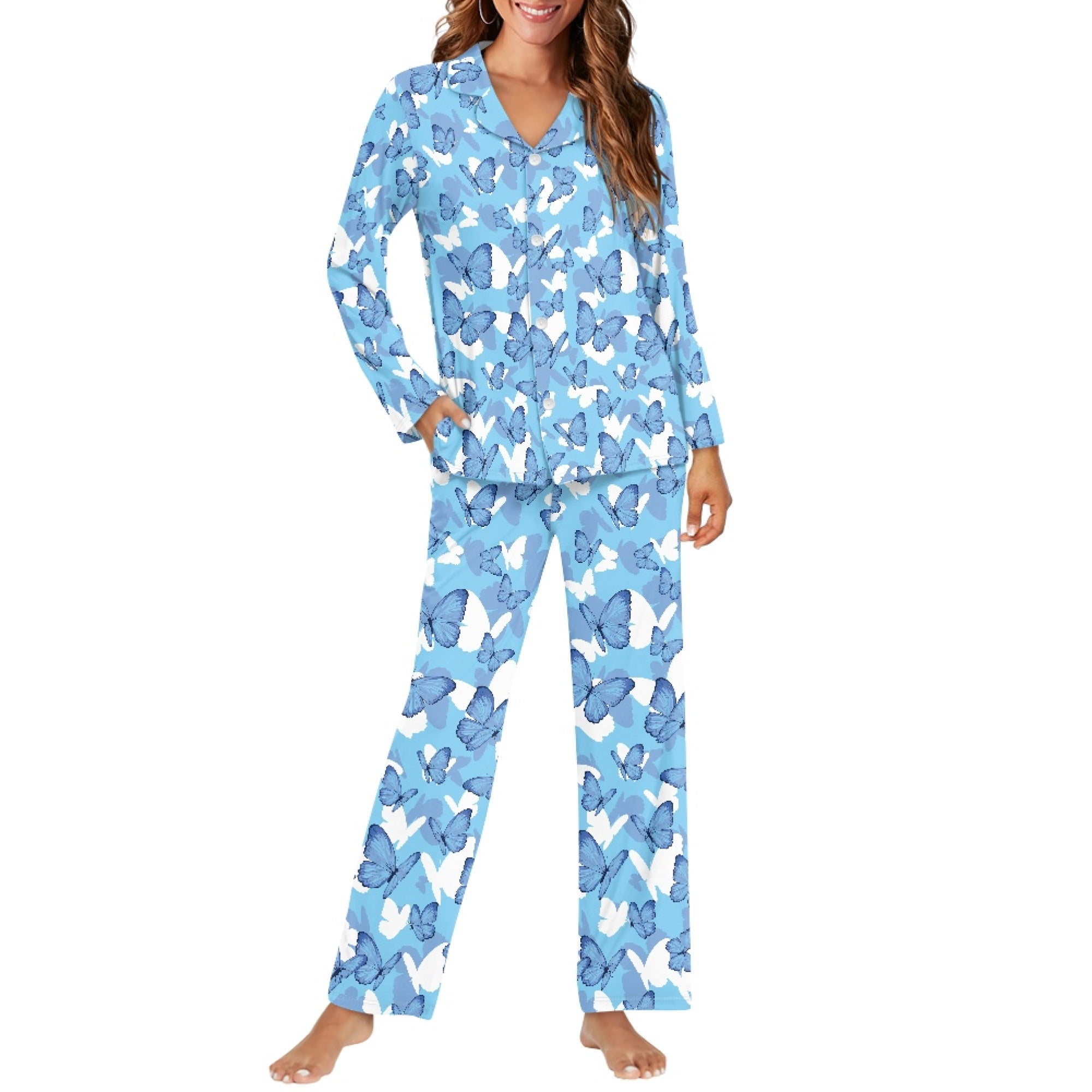 FOR U DESIGNS Blue Butterfly Button Pajamas for Womens Button Down ...