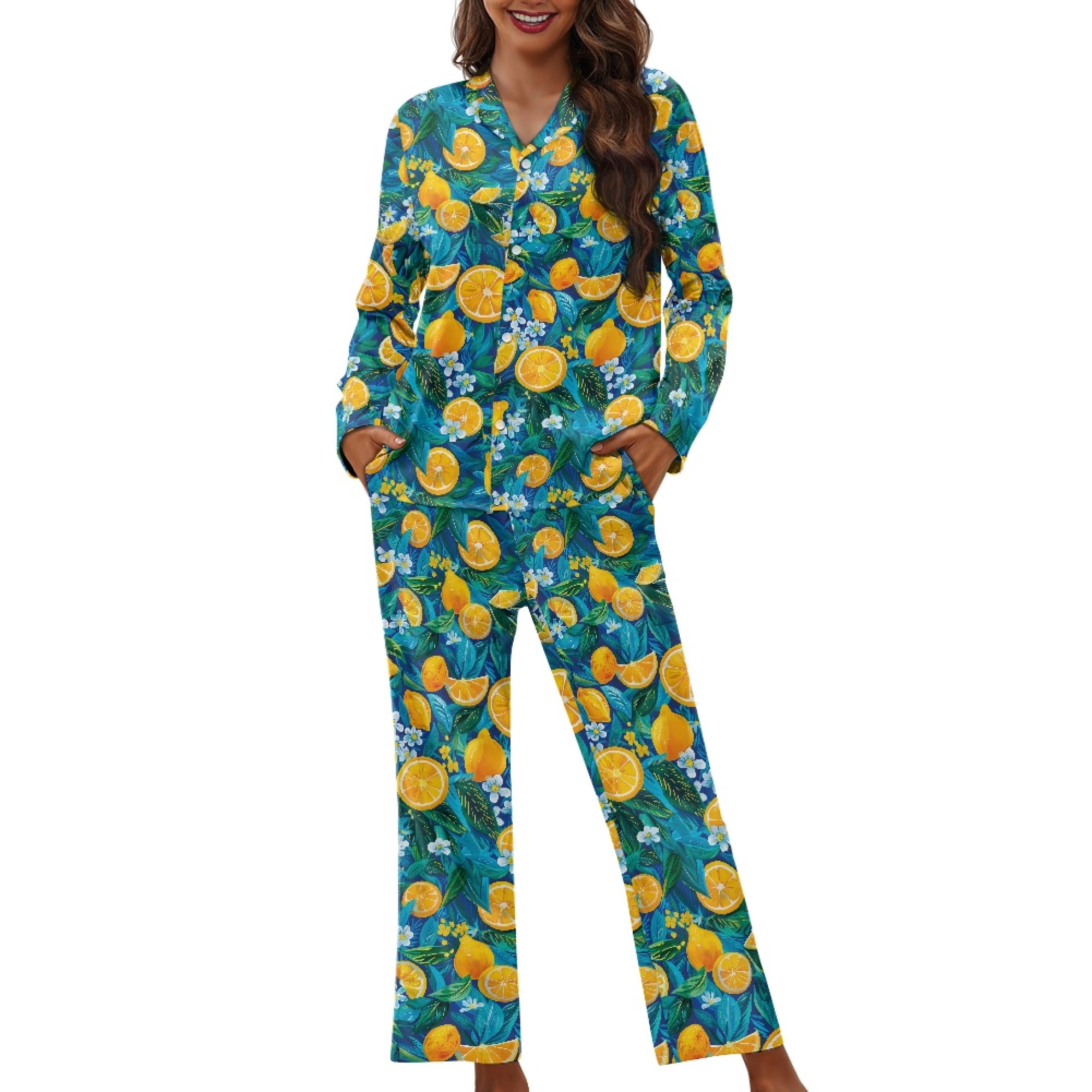 FOR U DESIGNS Flower Lemon Pajama Sets for Women 2 Piece Pants Button ...