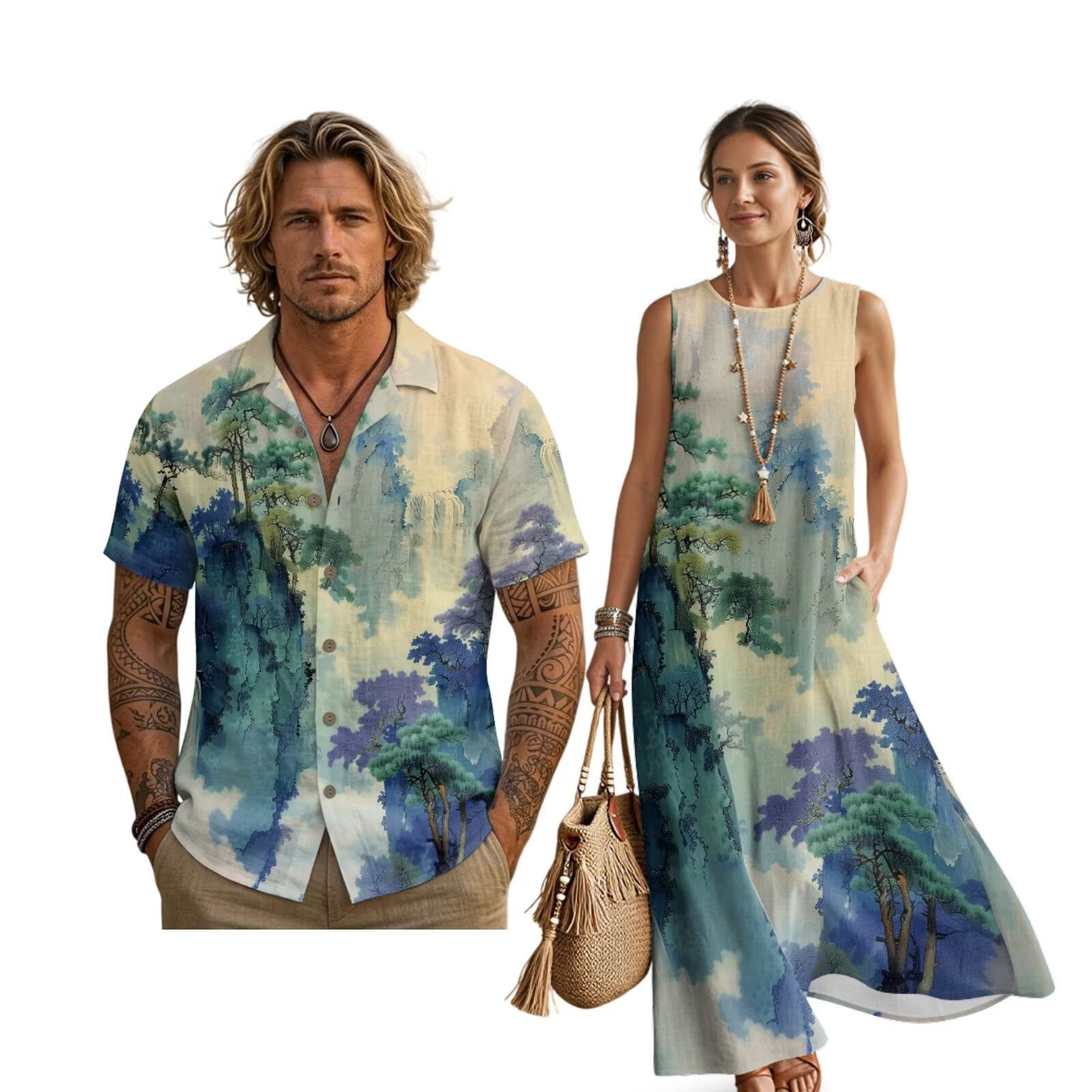 FOR U DESIGNS Green Mountain Forest Print Matching Couple Outfits His ...