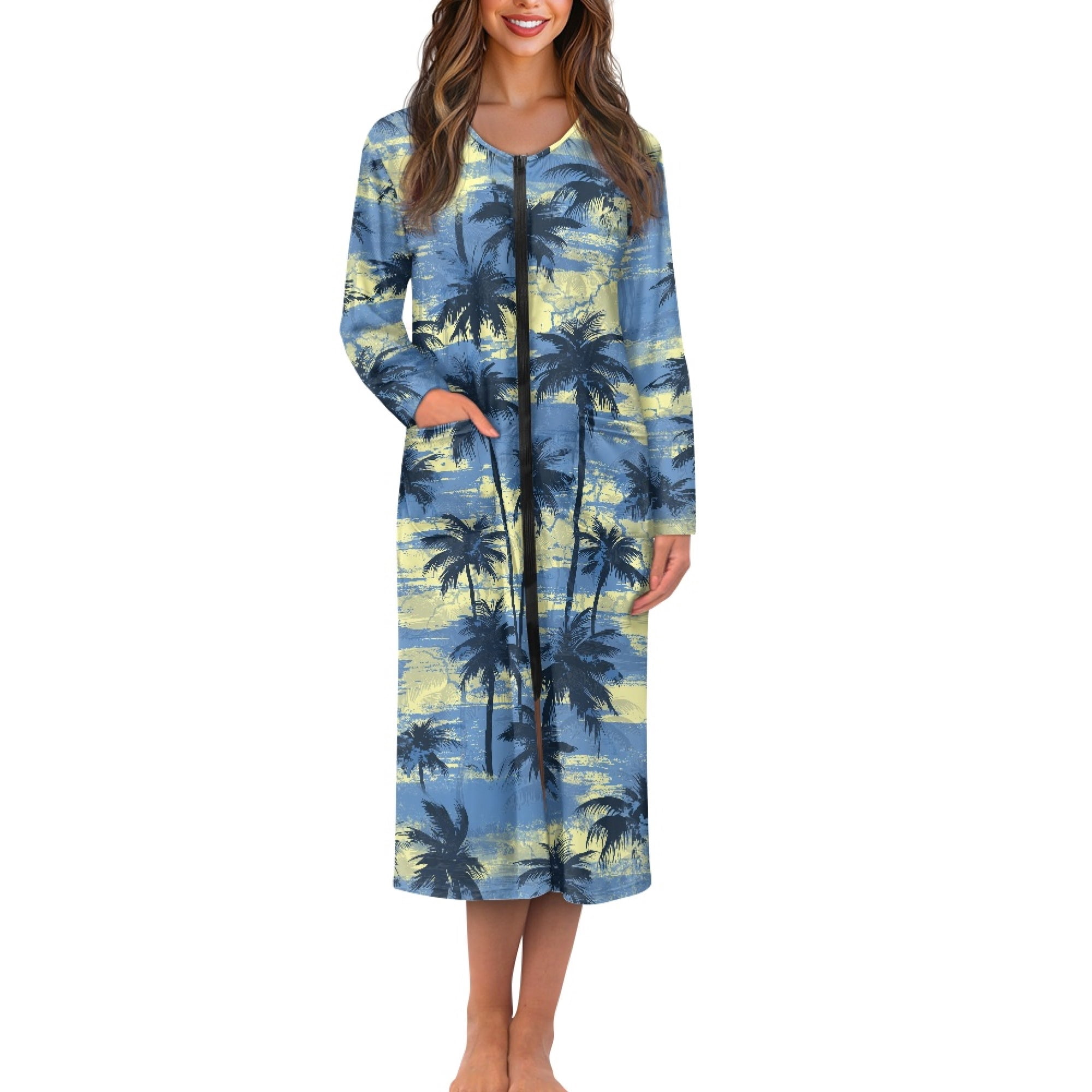 FOR U DESIGNS Palm Tree Blue Pattern Women Nightgown Soft House Dresses ...