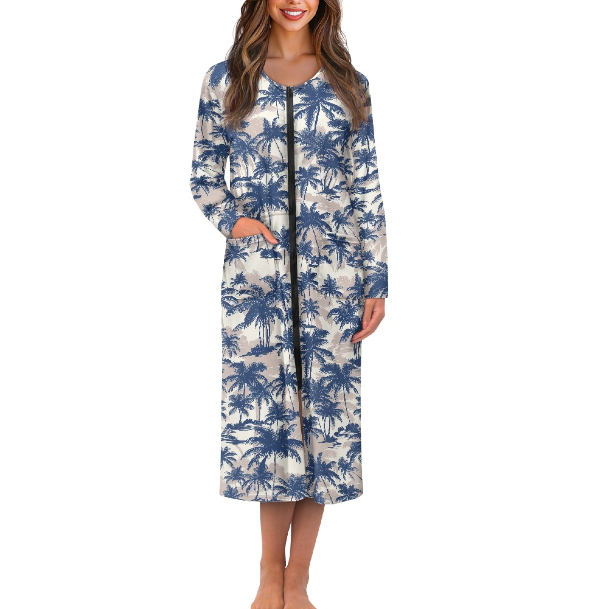FOR U DESIGNS Palm Tree Pattern House Dresses for Woman Zip Up House ...