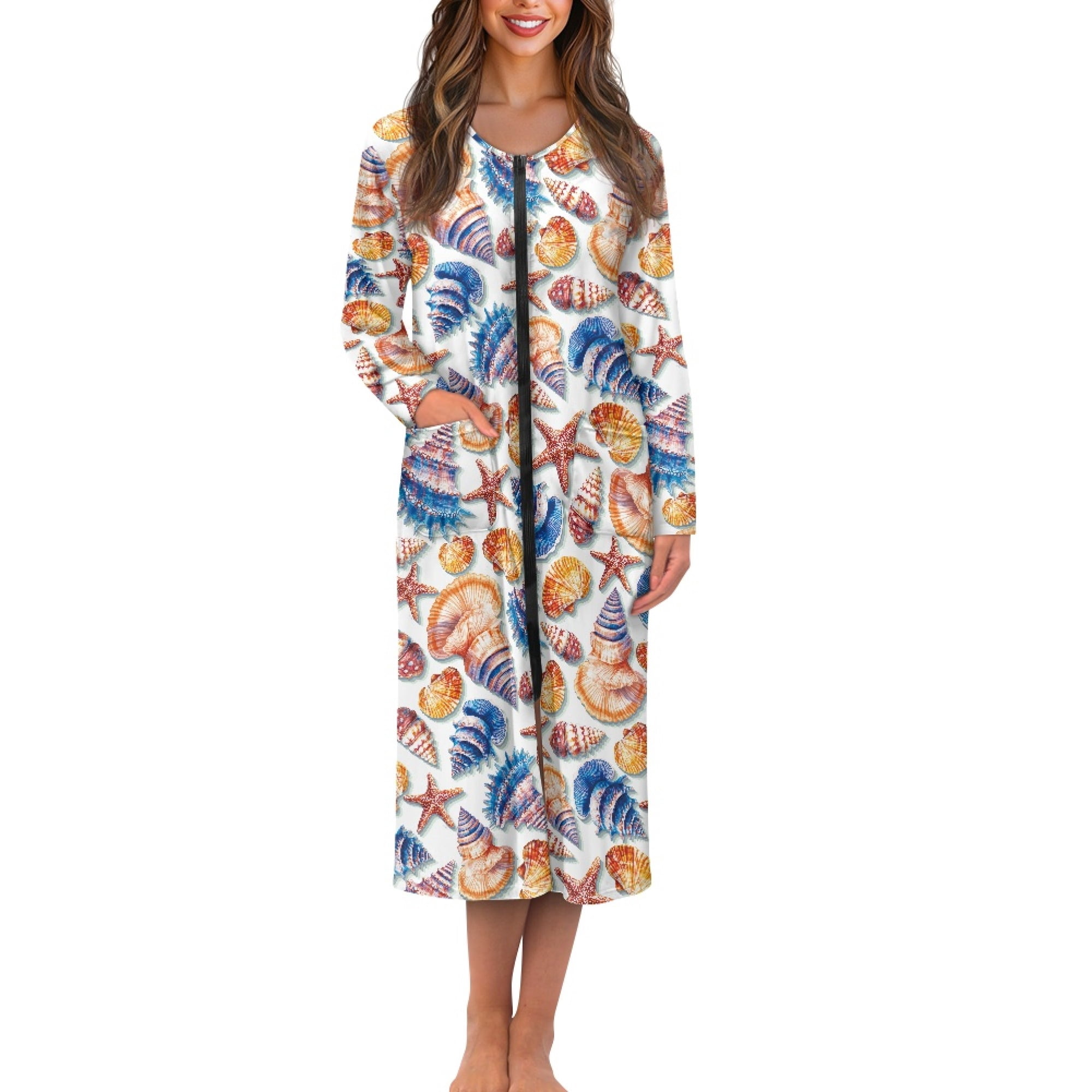 FOR U DESIGNS Starfish Conch Pattern House Dresses for Woman Soft Long ...