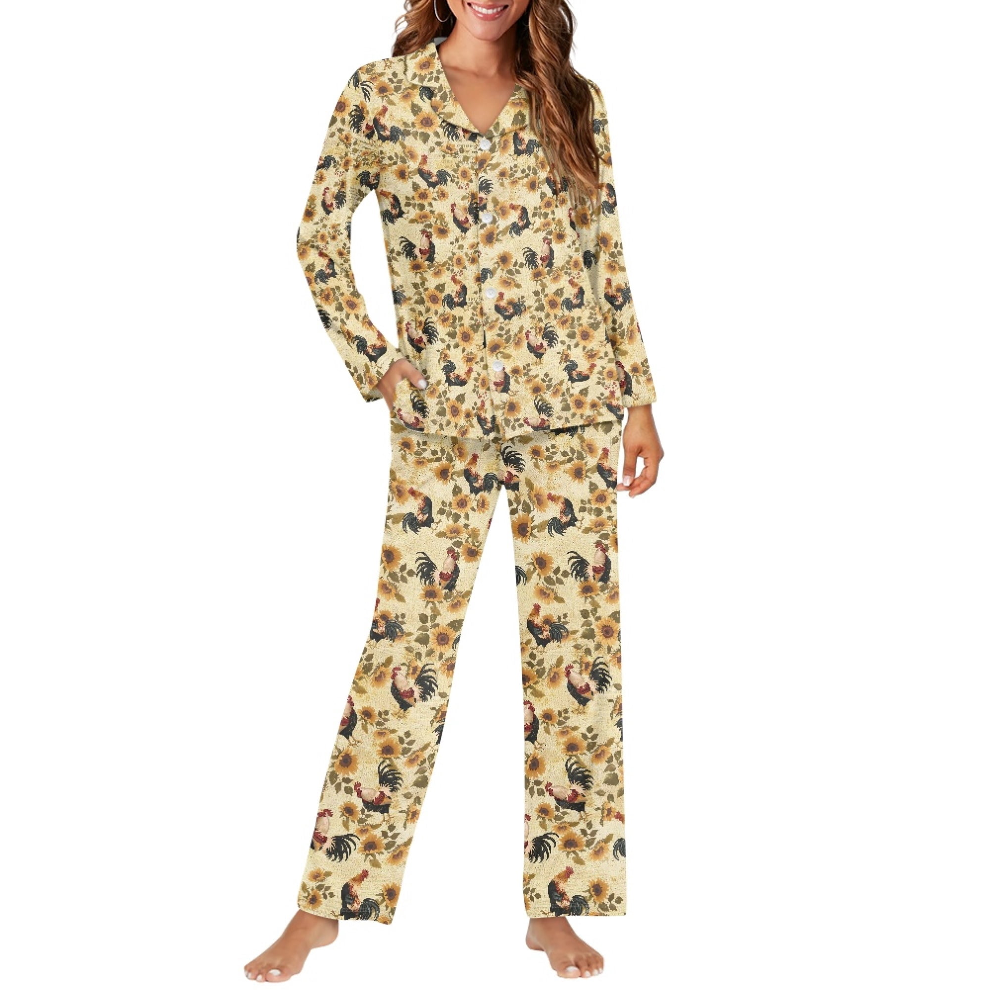 FOR U DESIGNS Sunflower Rooster Button Up Pajamas for Women Long Sleeve ...