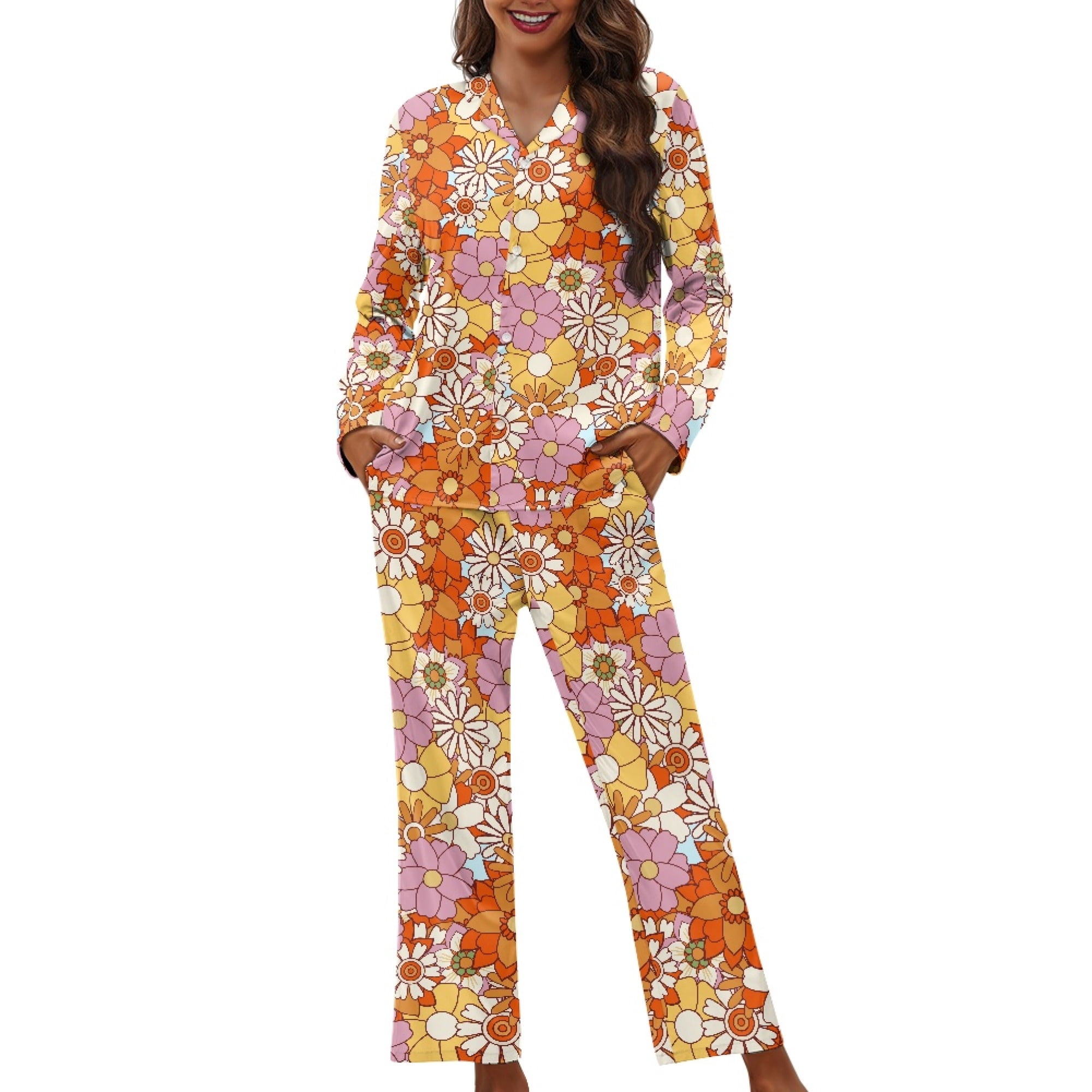 FOR U DESIGNS Vintage Hippie Flower 2 Pack Women's Pajama Set Soft Long ...