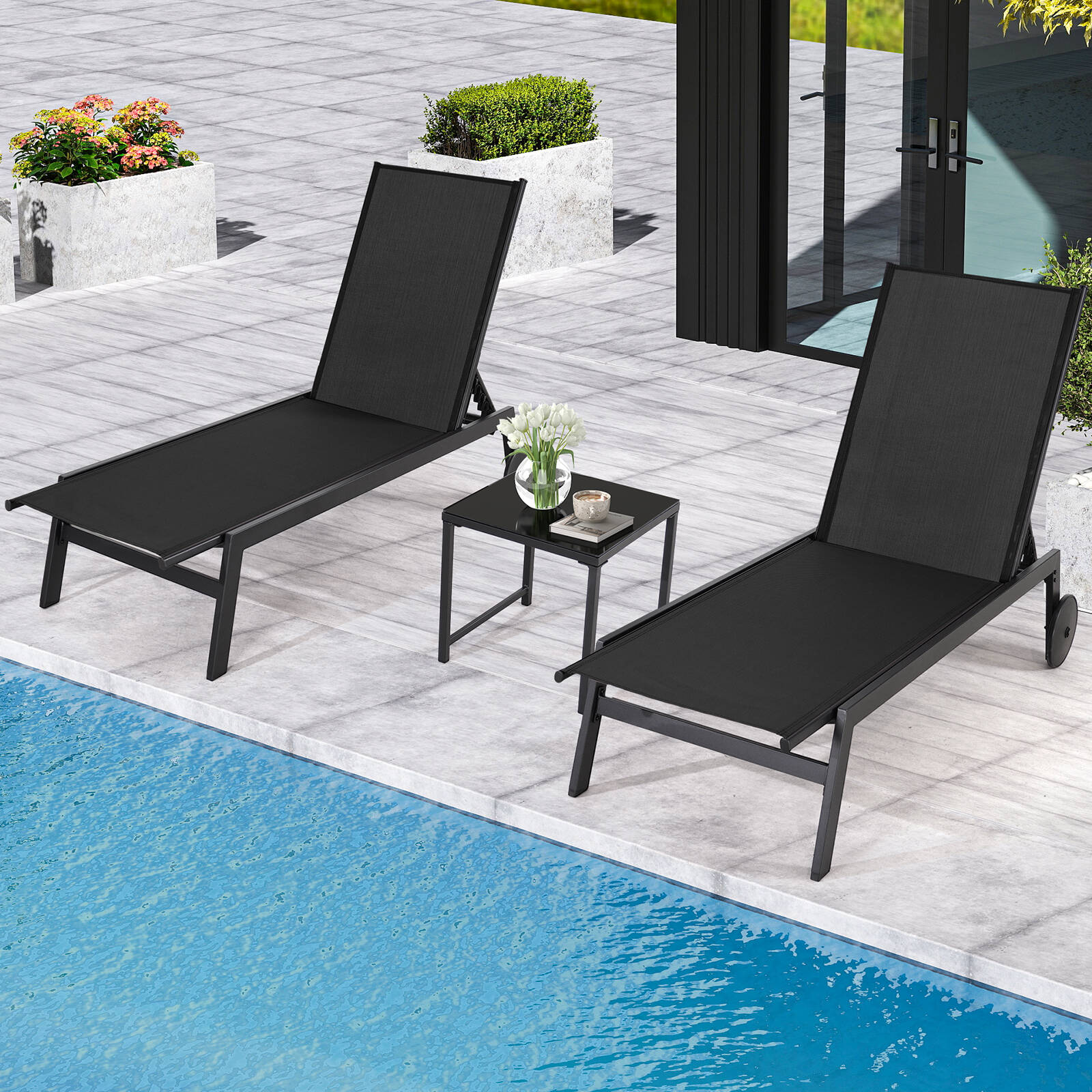 U-HOMY Patio Chaise Lounge Chair Set of 2 with Table, 3PCS Outdoor ...