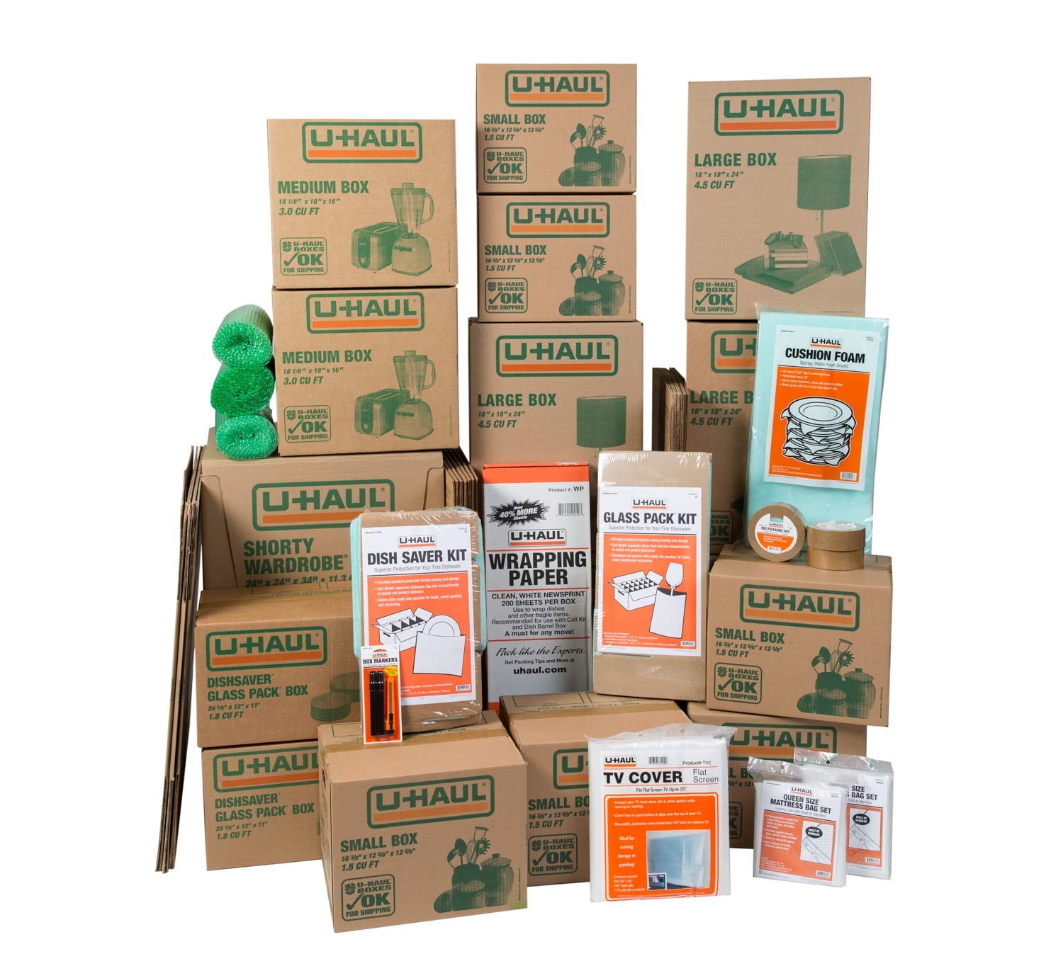 U-Haul Household Moving Kit - 36 Moving Boxes, 2 Wardrobe Boxes, 2 Dish ...