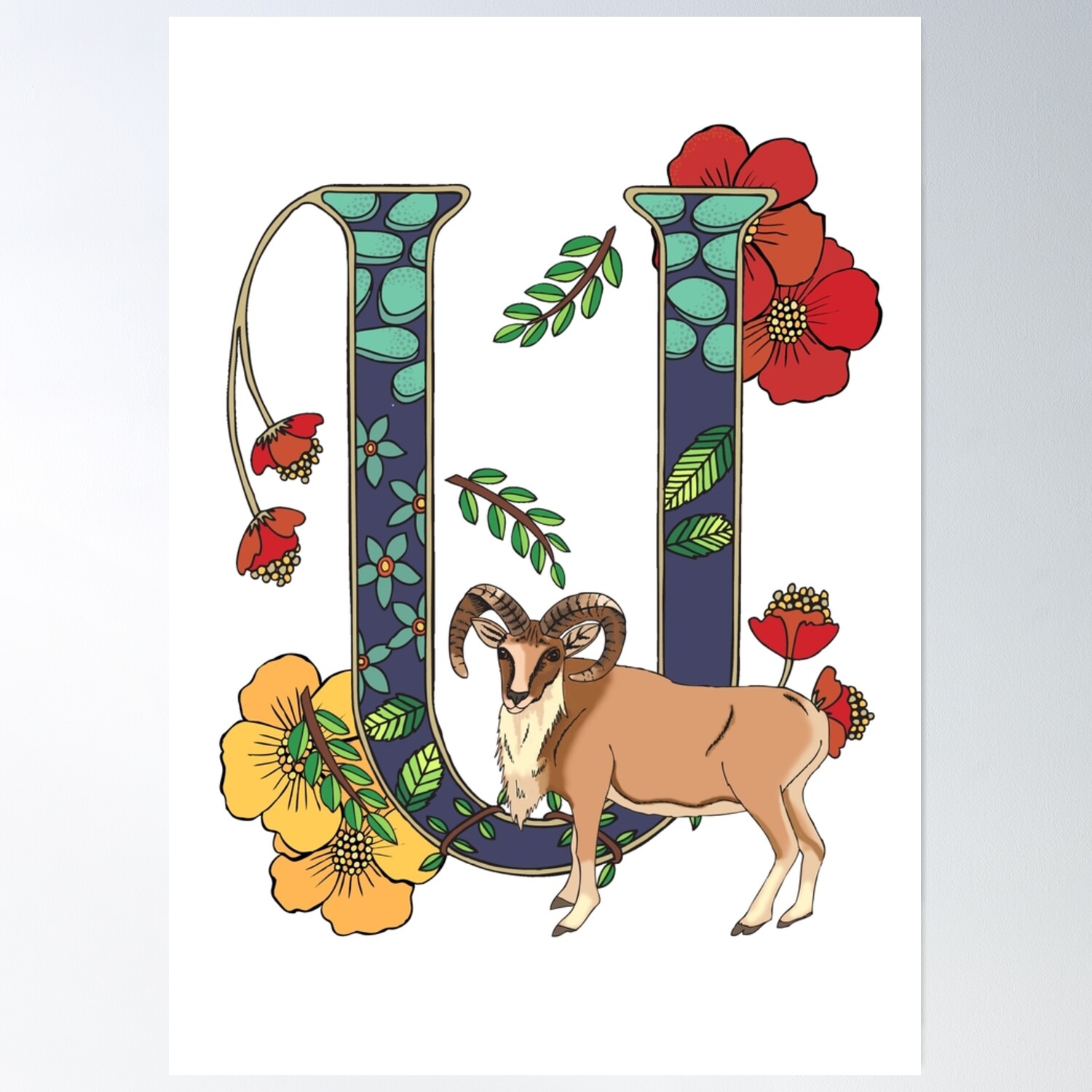 U Is For Urial, Art Nouveau Style Animal Alphabet Letter, Plain ...