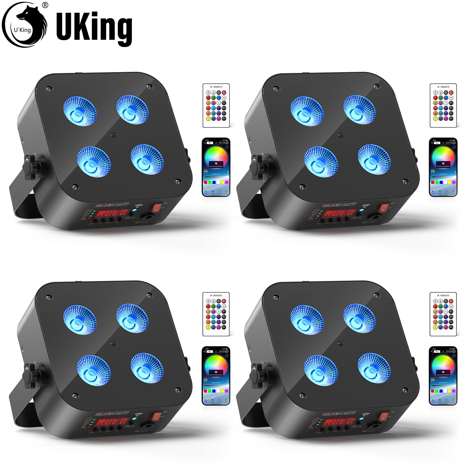U'King 4Pcs Mini Battery Powered Rechargeable Par Light 4X18W RGBWA UV ...