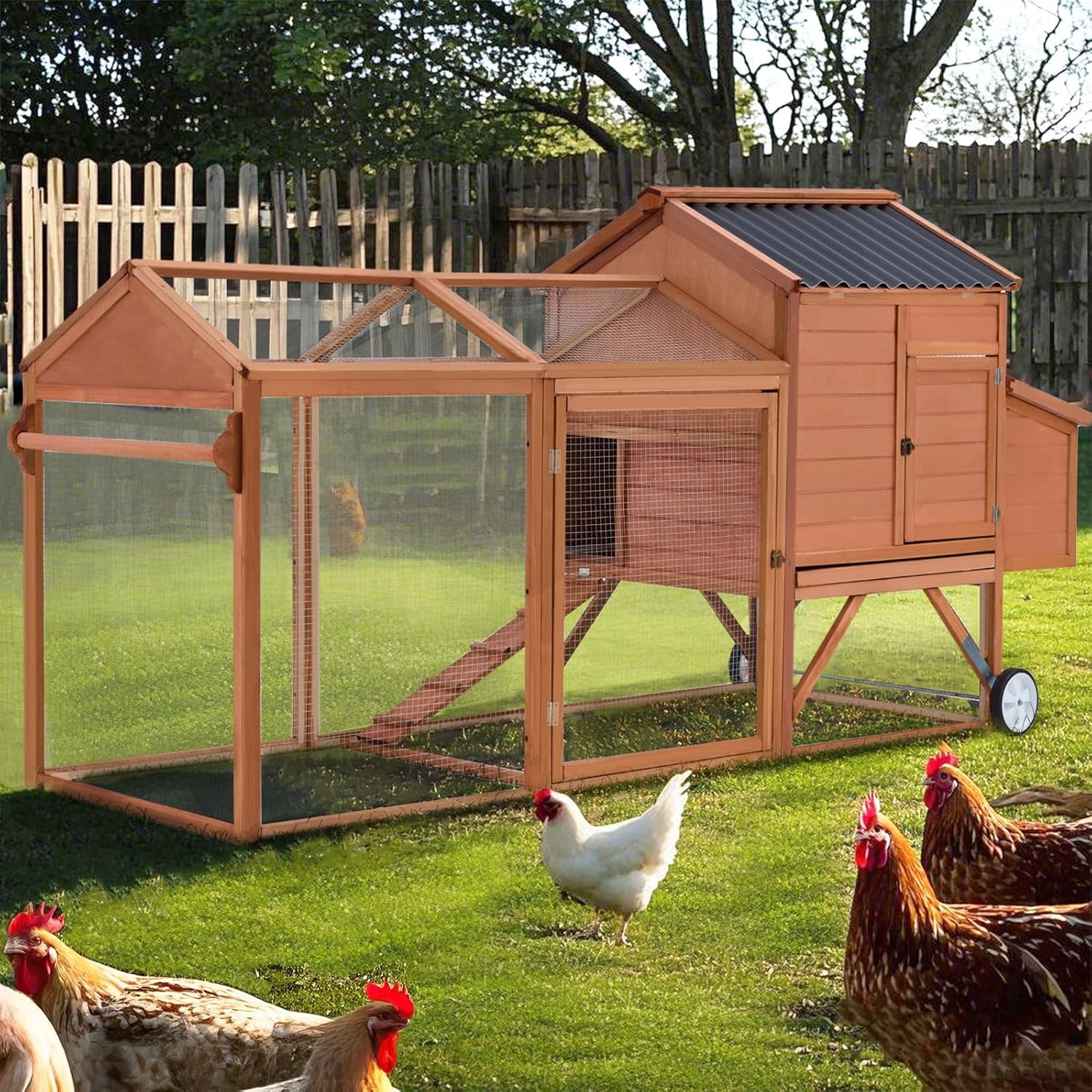 U-MAX 95“ Chicken Coop with Wheels, Wooden Chicken Tractor Hen House ...