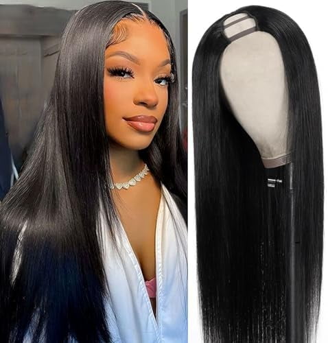 U Part Human Hair Wig For Black Women Brazilian Straight Real Human ...