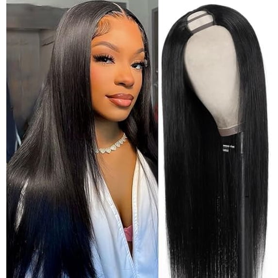 U Part Human Hair Wig For Black Women Brazilian Straight Real Human ...