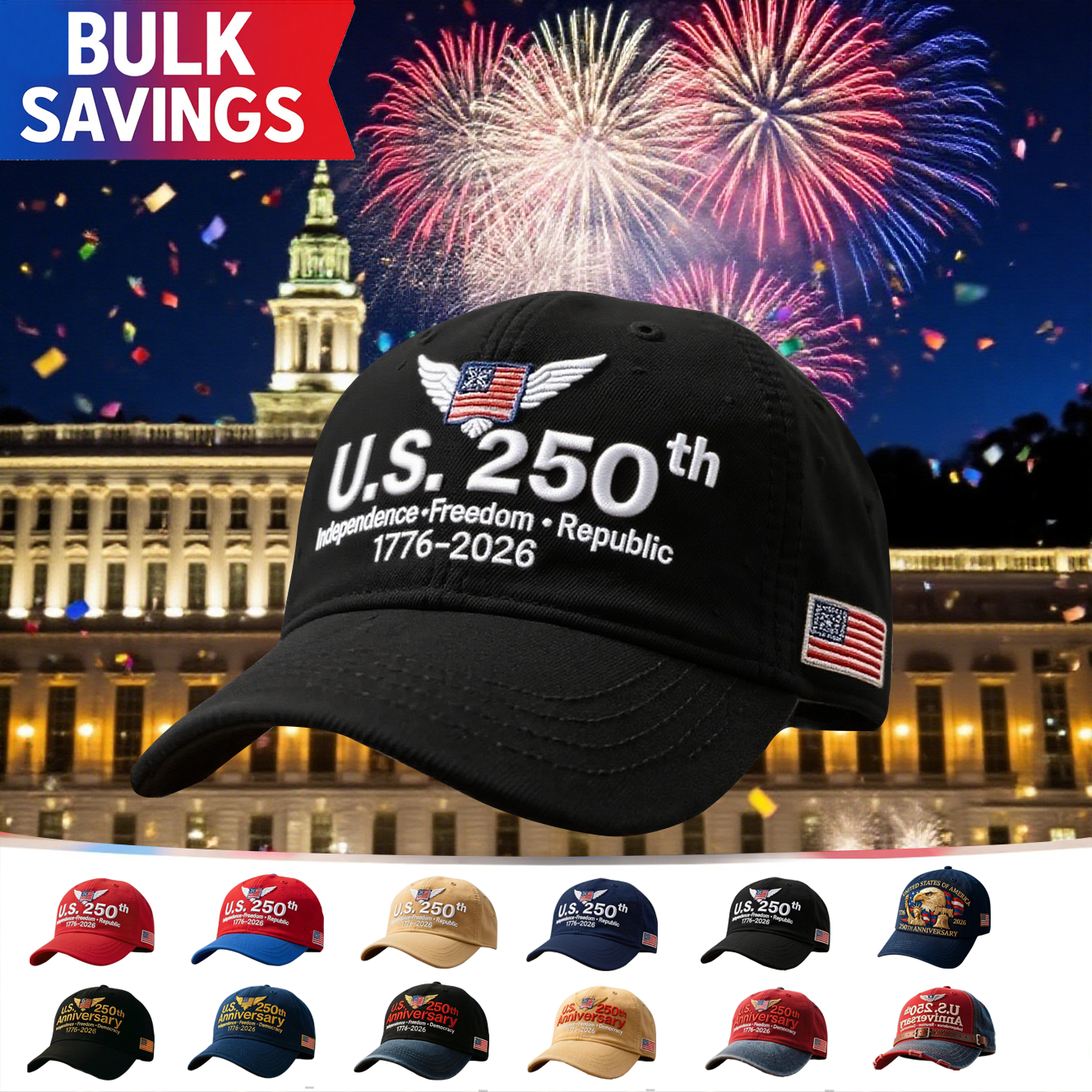 U.S. 250th Anniversary Hat Adjustable Retro Washed Patriotic Baseball ...