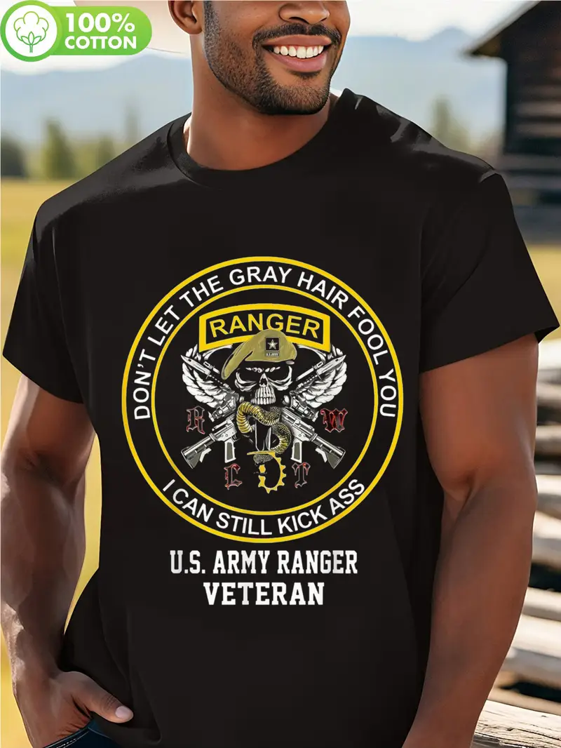 U.S. Army Ranger Veteran Graphic T-Shirt - 100% Cotton Crew Neck, Light ...