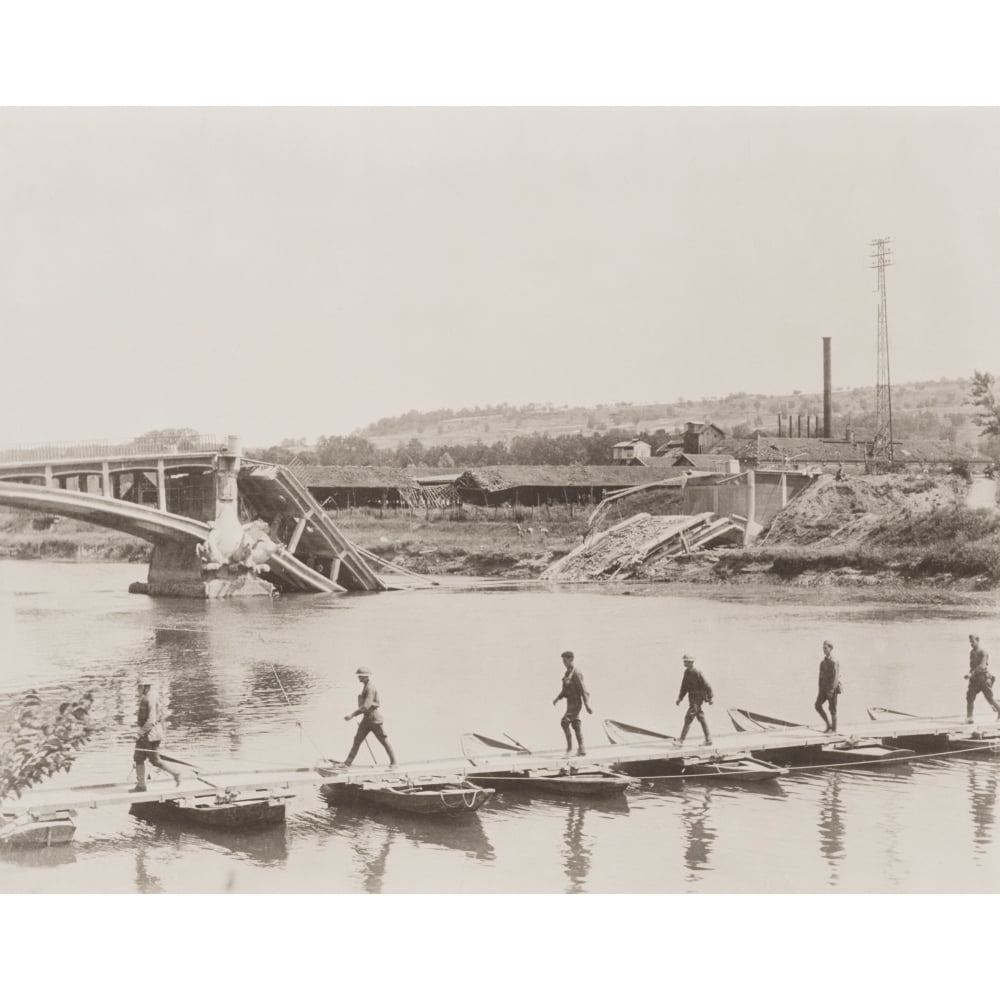 U.S. Army Soldiers Crossing Pontoon Bridge Next To Destroyed Bridge ...